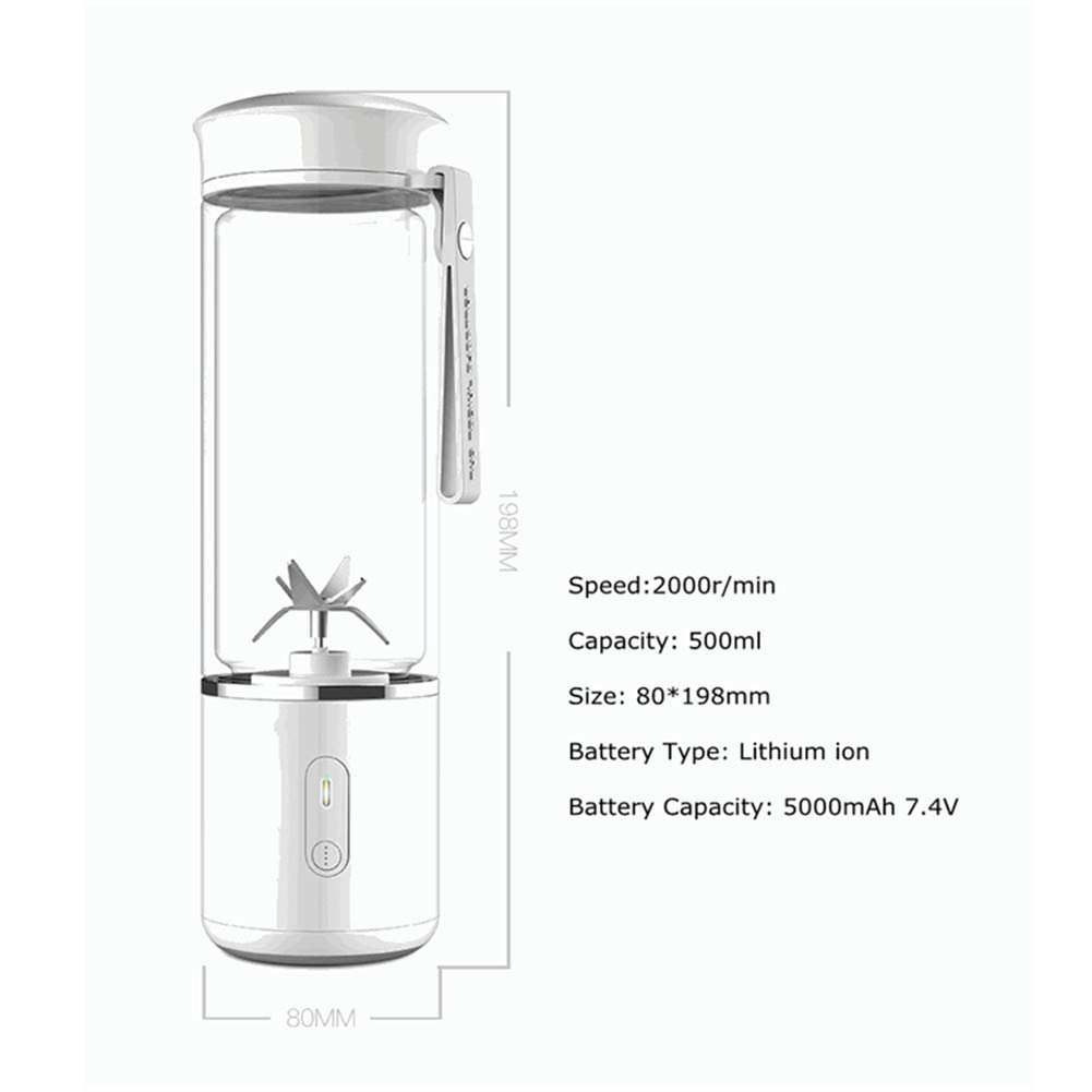 Portable Personal Blender, USB Rechargeable Glass Juicer Cup, 500ml with Travel Lid Small Fruit Mixer for Shakes and Smoothies