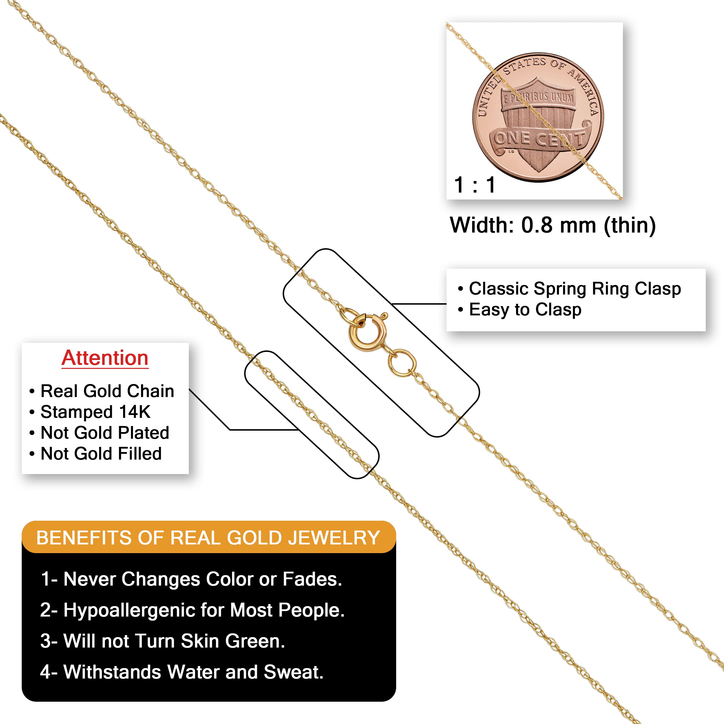 Kooljewelry 14k Yellow Gold Rope Chain Pendant Necklace (0.8 mm, 18 inch)