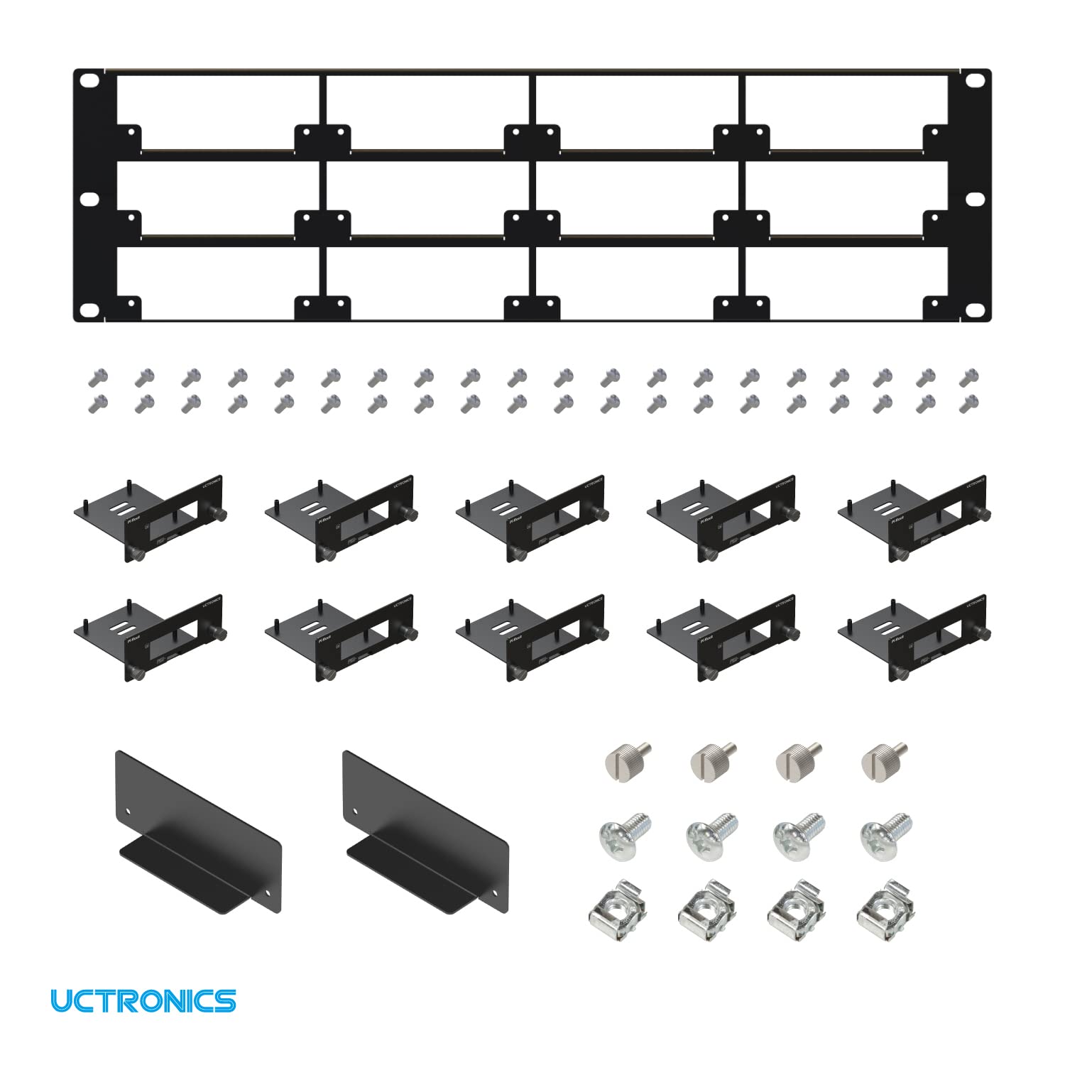 UCTRONICS 19" 3U Rack Mount for Raspberry Pi, 3-Tier Metal Rack for Up to 12 Units, Supports PoE Hat & PoE+ Hat, Front-Removable with Captive Loose-Off Screws
