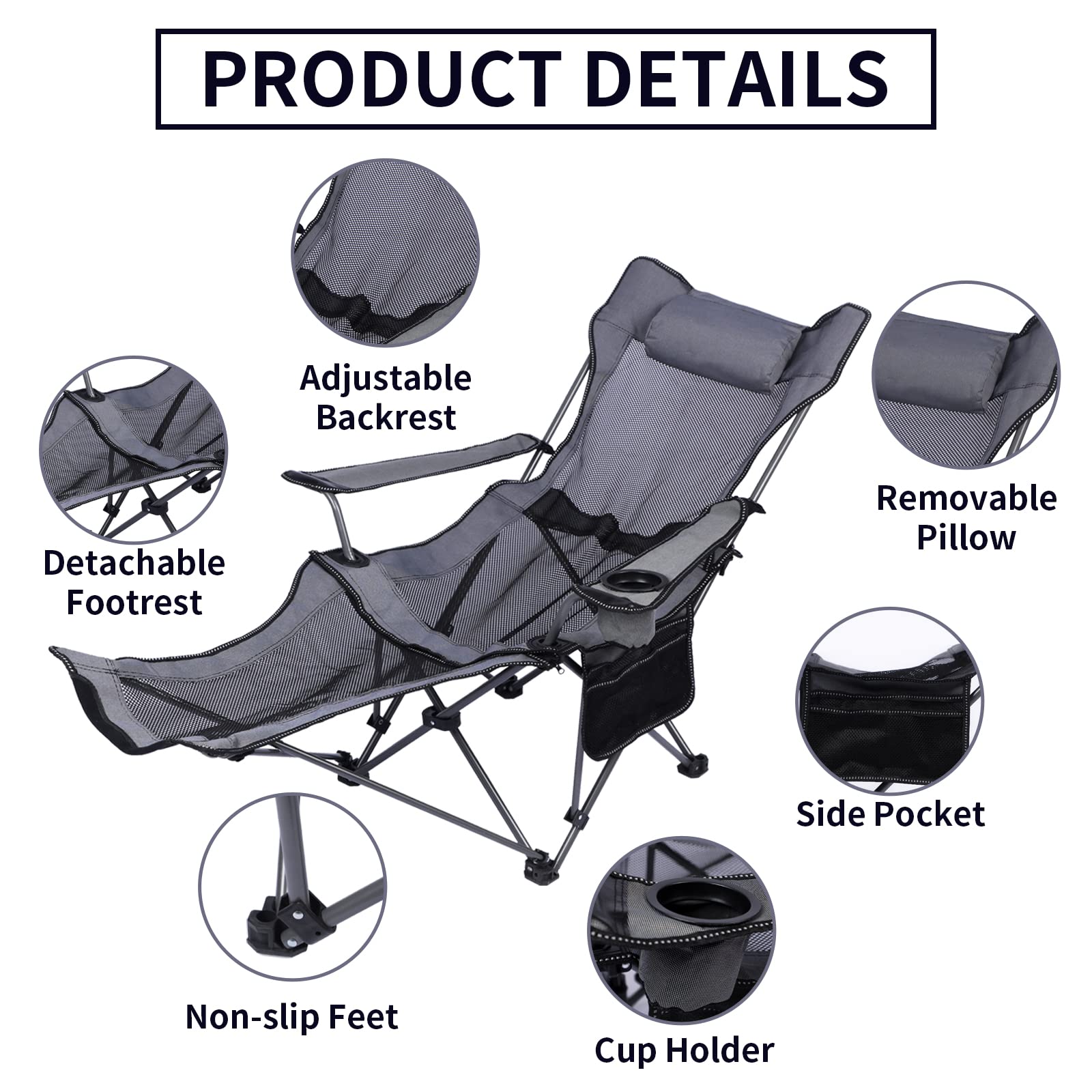 MYCOQU Camping Lounge Chair, Oversized Folding Reclining Camping Chair, Portable Recliner with Footrest, Carry Bag and Cup Holder, 320 Ibs Weight Capacity(Grey)