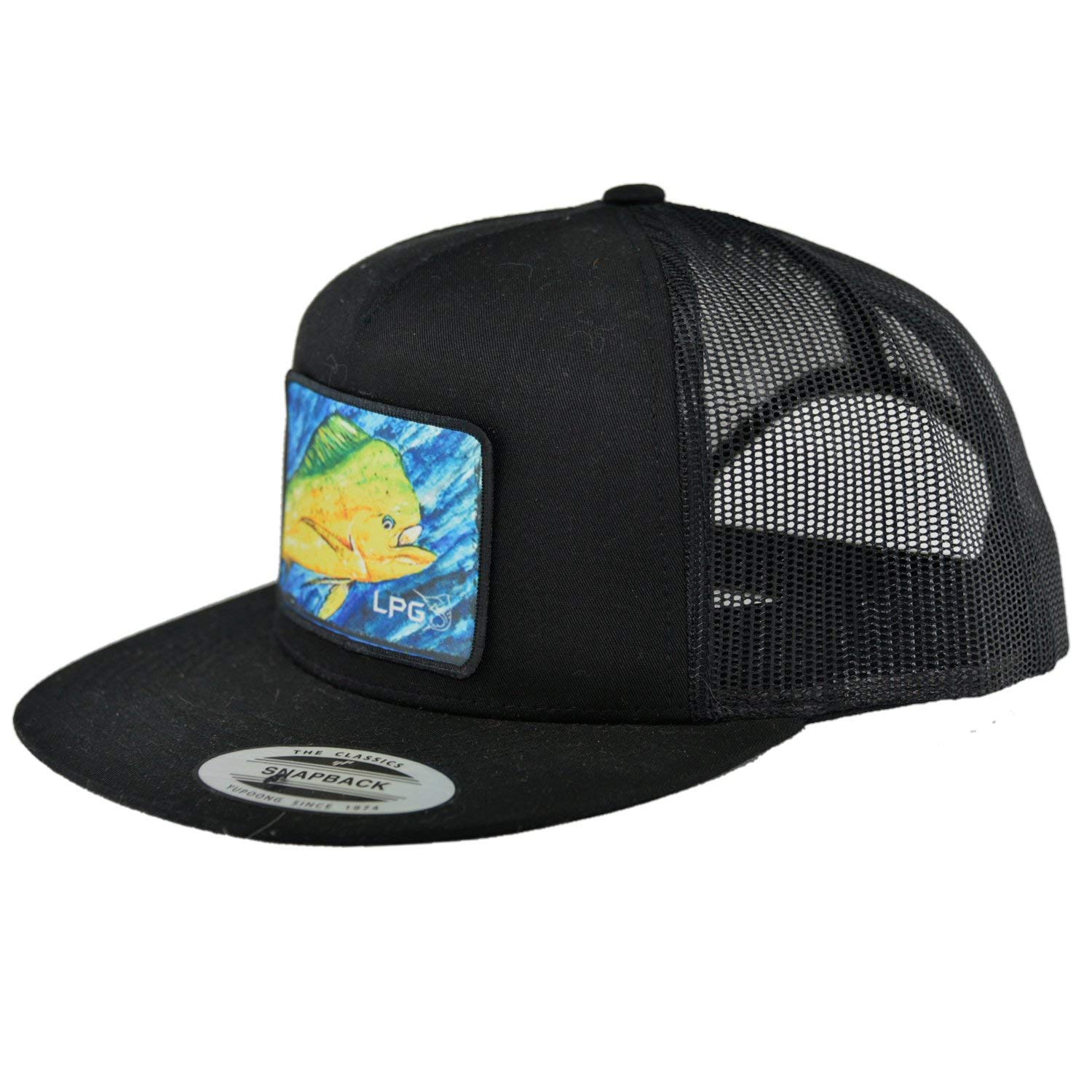LPG Apparel Co. Mahi Vibes Cali Style Snapback Flat Brim Fishing Art Patch Series Baseball Hat Black, Large