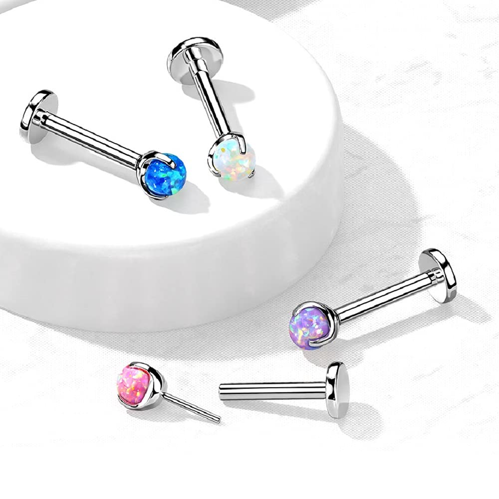 Pierced Owl 16-20GA G23 Implant Grade Titanium Threadless Push-in Claw Set Synthetic Opal Ball Top Flat Back Labret Monroe Lip Cartilage Helix Tragus Conch Ear Lobe Barbell Stud (White, 16GA (1.2mm))