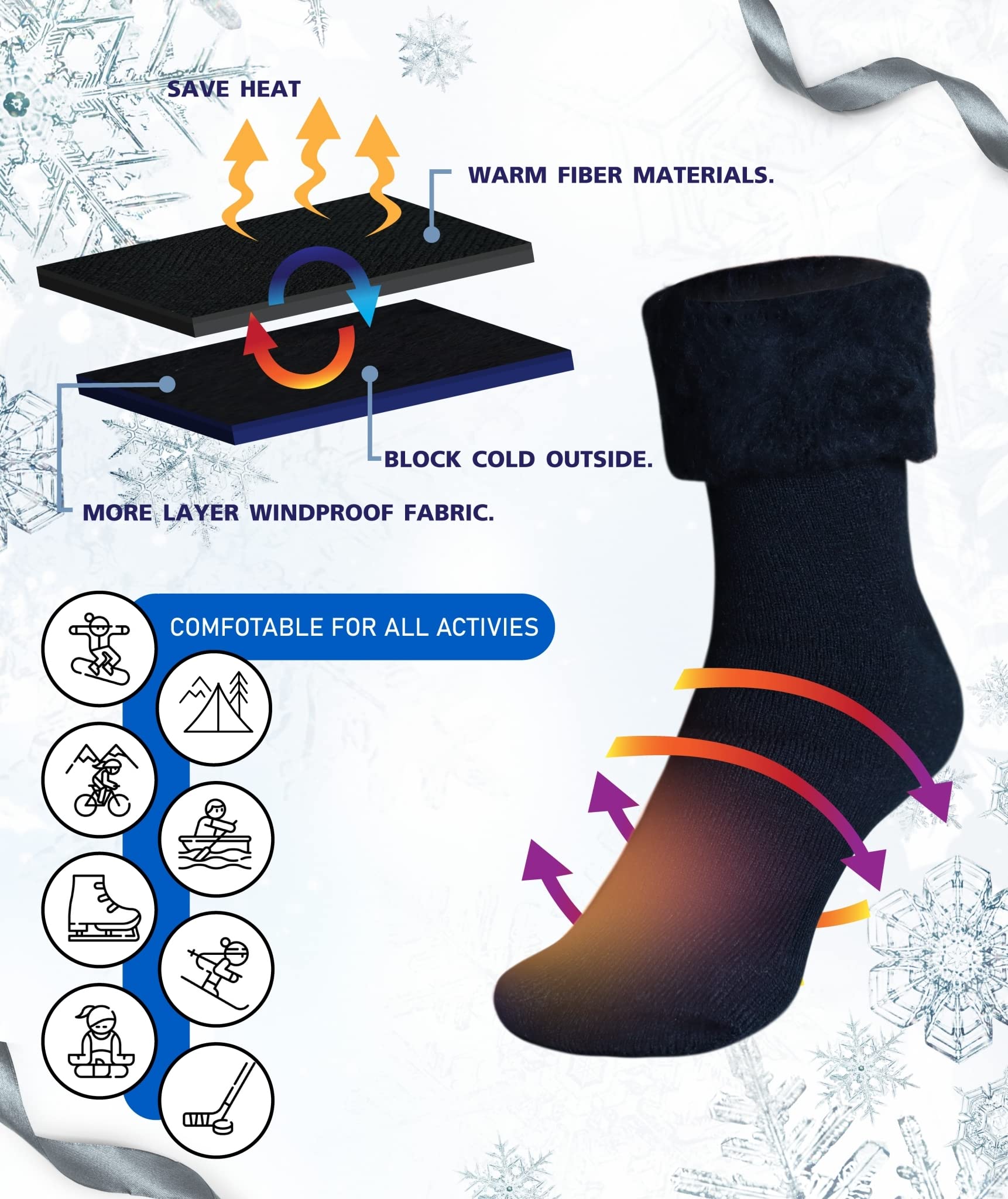 RATIVE Cold Weather Thick Heat Trapping Insulated Thermal Boots Socks Pack Warm Winter Long Crew for Men Women (12-14,2 pairs/black+grey+navy)