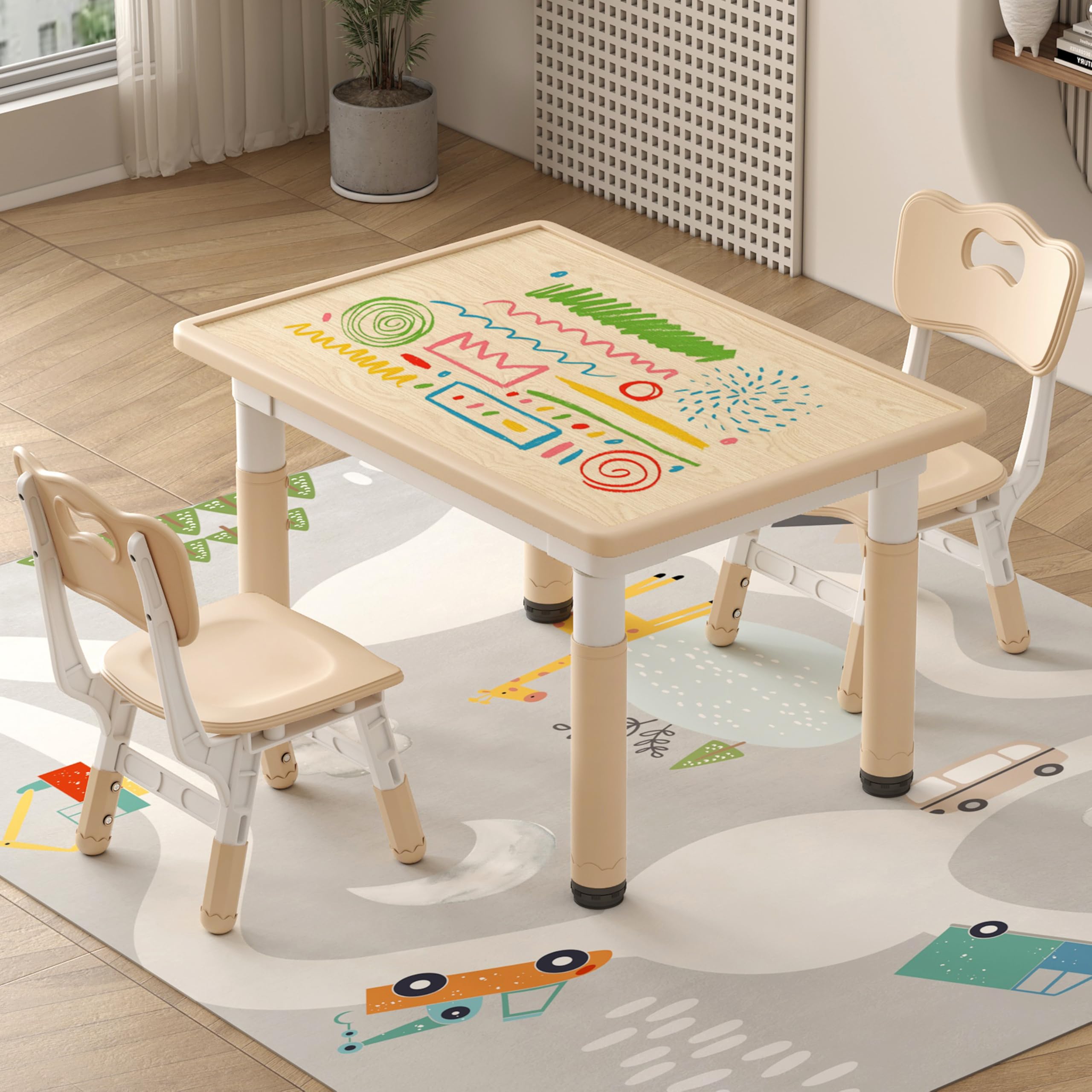 YAIWOMI Kids Table and Chairs Height Adjustable, Toddler Table and Chairs, 31.5''L x 23.6''W Graffiti Table with 4 Chairs, for Reading, Drawing, Eating, for Ages 3-8, Grey