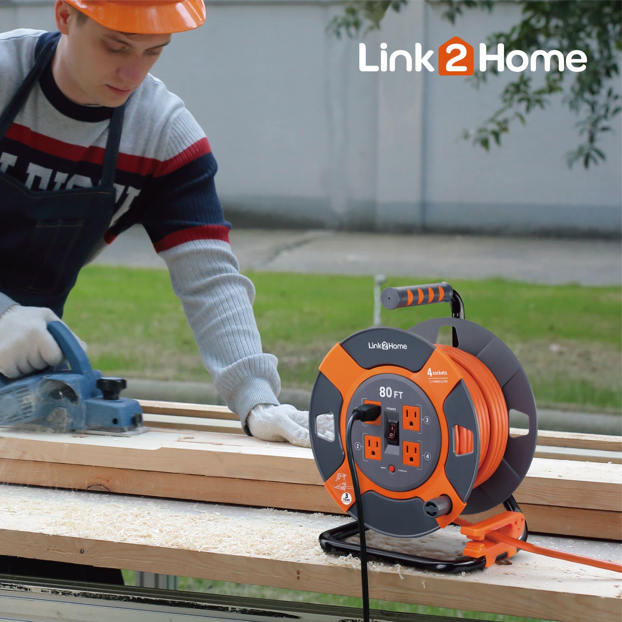 Link2Home Cord Reel 80 ft. Extension Cord 4 Power Outlets β 14 AWG SJTW Cable. Heavy Duty High Visibility Power Cord.