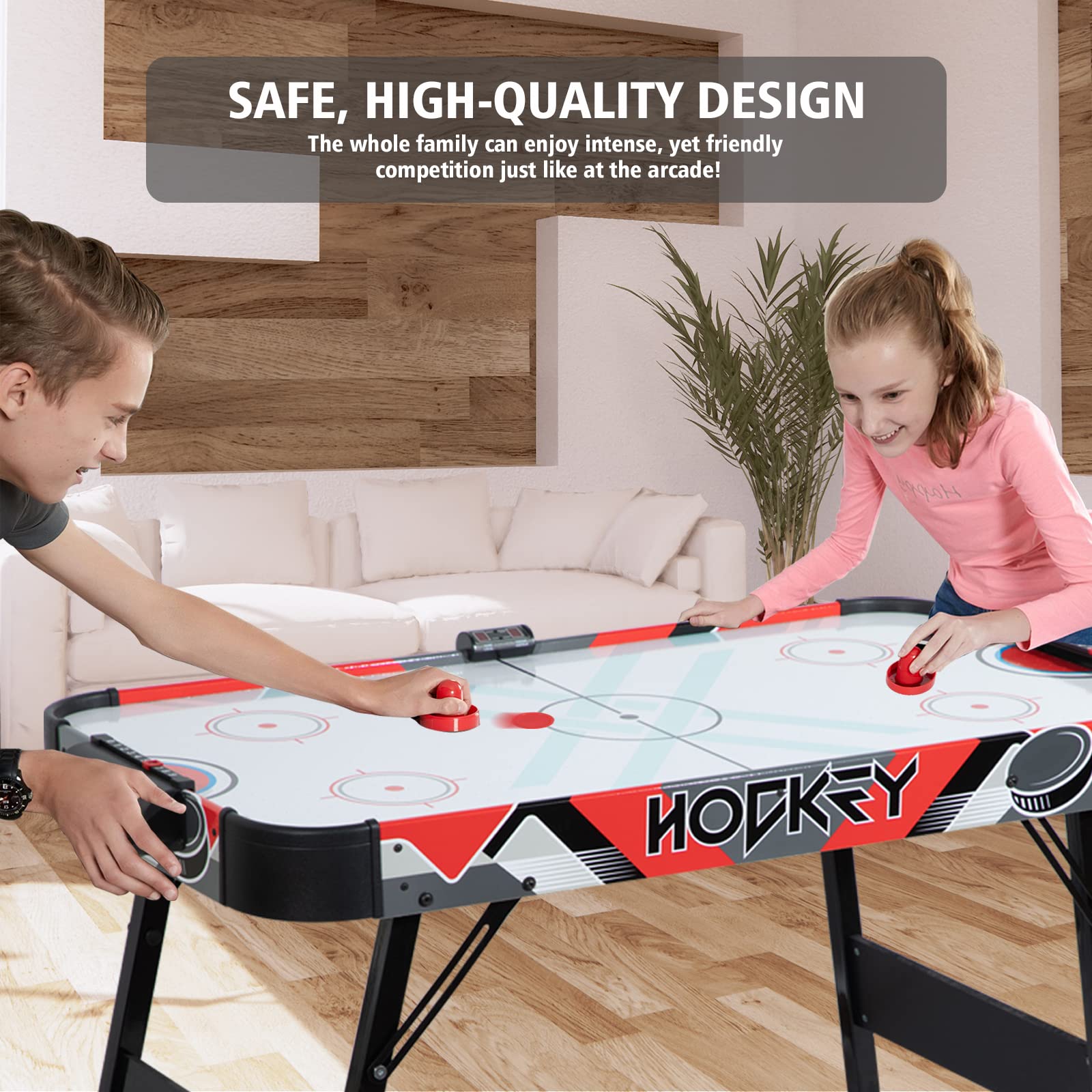 RayChee Foldable Powered Air Hockey Table, 48β Indoor Hockey Table Sports Gaming Set w/2 Pucks, 2 Pushers, LED Scoreboard, Powerful Fan Motor for Adults and Kids, Home Game Room (Red)