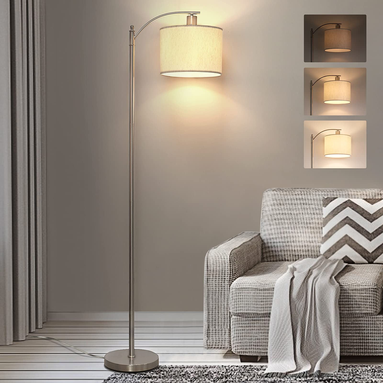 LED Floor Lamp with Dimmer, Fully Dimmable Standing Lamp Modern Tall Pole Lamp with Hanging Fabric Shade and Silver Base Montage Reading Light for Living Room Bedroom, Bright 8W LED Bulb Included