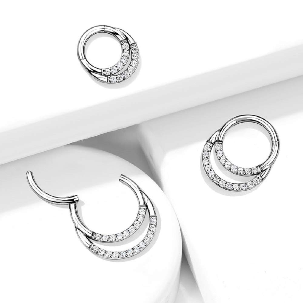 Pierced Owl 16G Implant Grade Titanium CZ Crystal Lined Double Hoop Cartilage Helix Daith Septum Hinged Segment Ring (Diameter: 8mm)