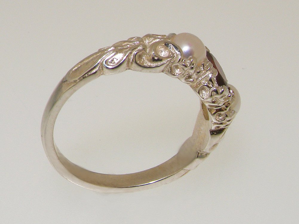 LetsBuyGold 925 Sterling Silver Real Genuine Garnet & Cultured Pearl Womens Band Ring - Size 12