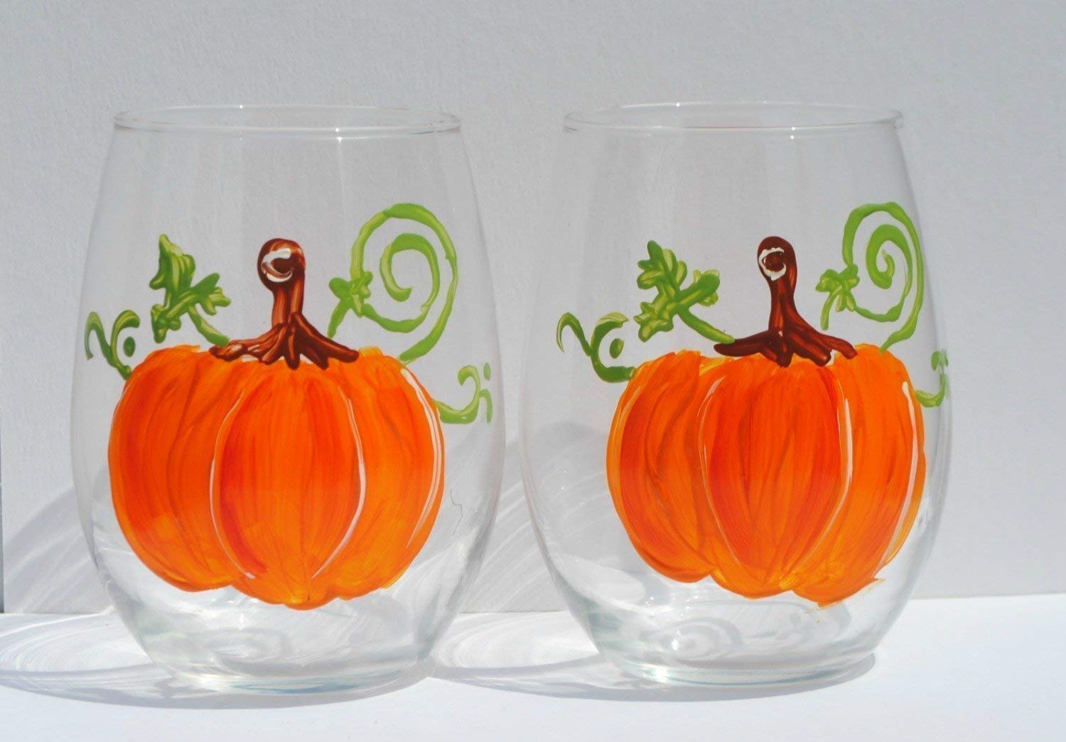 Pumpkin Hand Painted Stemless Wine Glasses Set of 2 Thanksgiving Home Decor