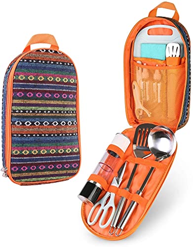 YANHAO 7Pcs Camping Kitchen Utensil with Tongs, Scissors, Cutting Board, Rice Paddle and Water Resistant Case for Daily Meal or Outdoor Hiking Picnic and Trekking