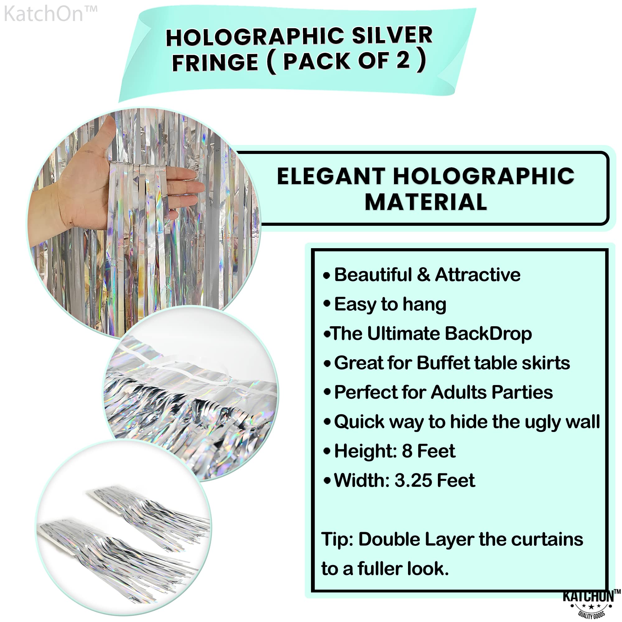 KatchOn, Holographic Silver Streamer Backdrop - XtraLarge 3.2x8 Feet, Pack of 2 | Silver Fringe Backdrop for Silver Streamers Party Decorations | Silver Tinsel Backdrop for Disco Party Decorations