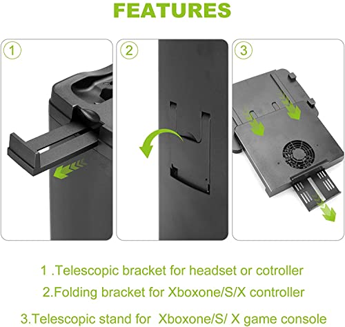 Linkstyle Charging Stand with Cooling Fan, Vertical Storage Stand for Xbox Series ONE/Slim/X Console, Dual Controller Charger Dock Station, 3 Controller Holder, 11 Game Slots, 1 Headset Stand