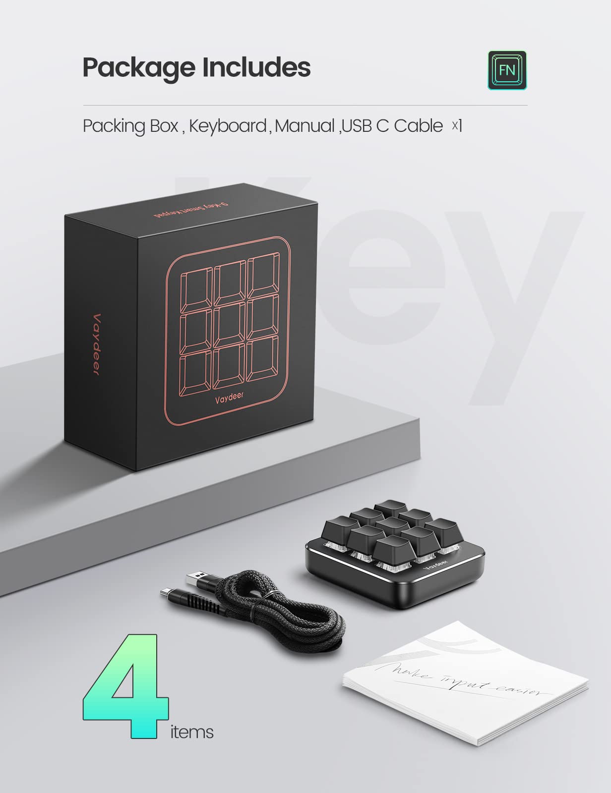 Vaydeer One-Handed Mechanical Keyboard Support NKRO, Hotkeys, One-Click Start,9 Fully Programmable Keys with Floating Window and Macro Multifunctional Keypad for iOS,Windows, Gift Idea for Him/Her