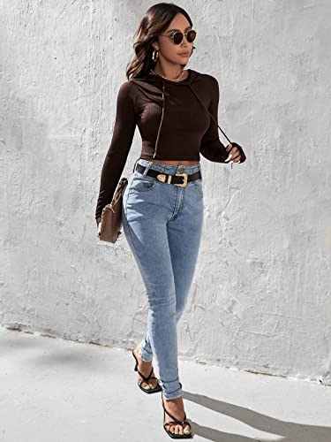 Milumia Women's Drawstring Hooded Crop Tee Long Sleeve Rib Knit T Shirts Sweatshirt with Thumbhole Chocolate Brown Small
