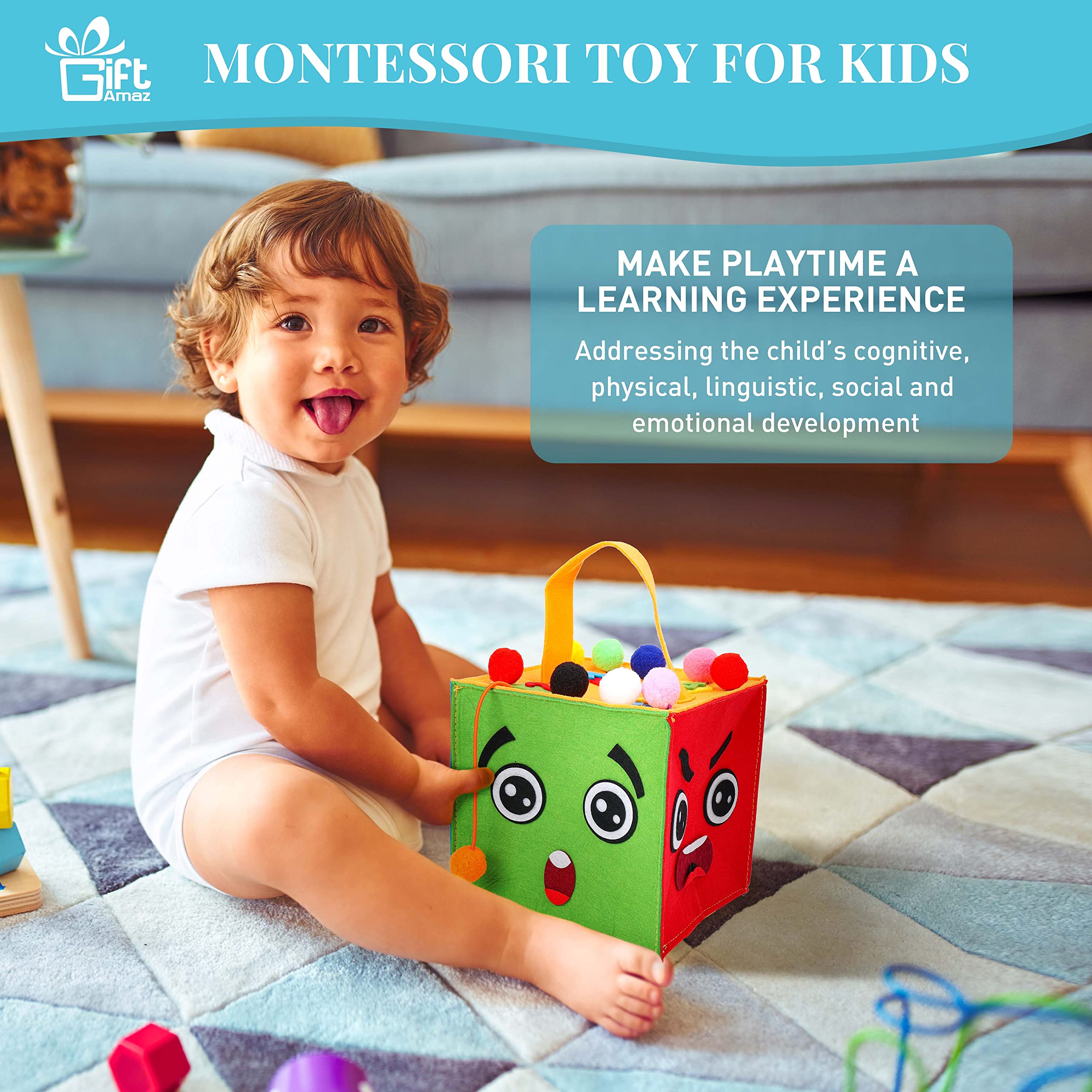 Pull String Sensory Toys for Toddlers, Montessori Activity Cube for Baby, Early Fine Motor Skills Development, Social Emotional Learning Activities for Kids Boys Girls 1 2 3 Years Old