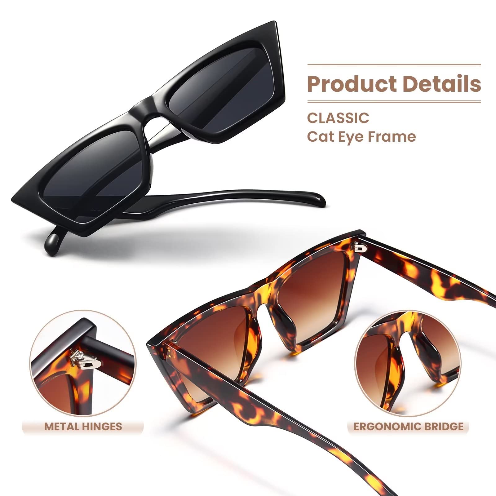 racico Trendy Cat Eye Sunglasses Women - 2 pack Vintage Oversized Cateye Style Square Sun Glasses Women Men