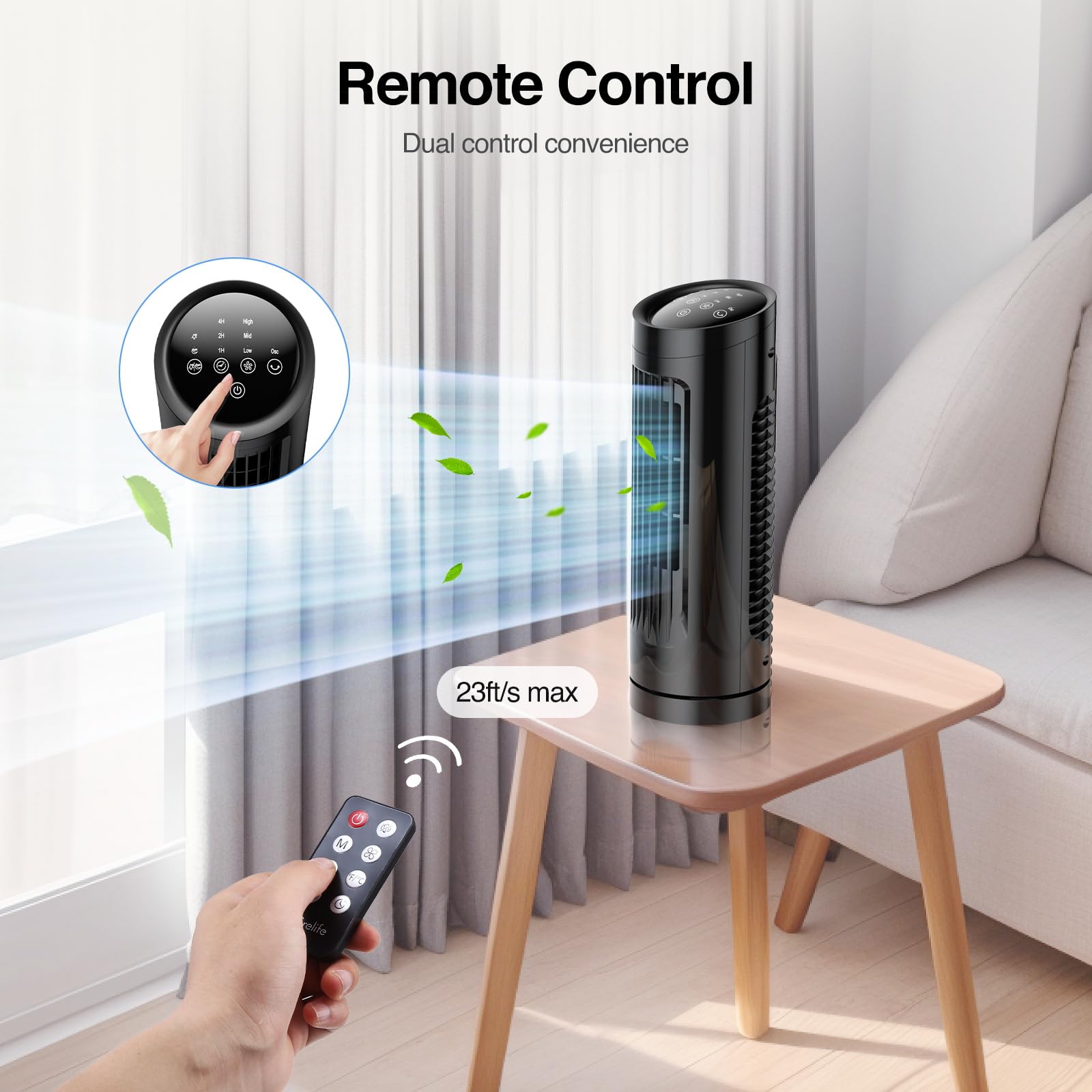 VCK 13-Inch Tower Fan - 70° Oscillation Desk Fan with 3 Speeds, 3 Wind Modes, Safe Bladeless Design, Digital Touch Screen, Remote Control, 1-7H Timer - Quiet Table Fan for Home Office Bedroom