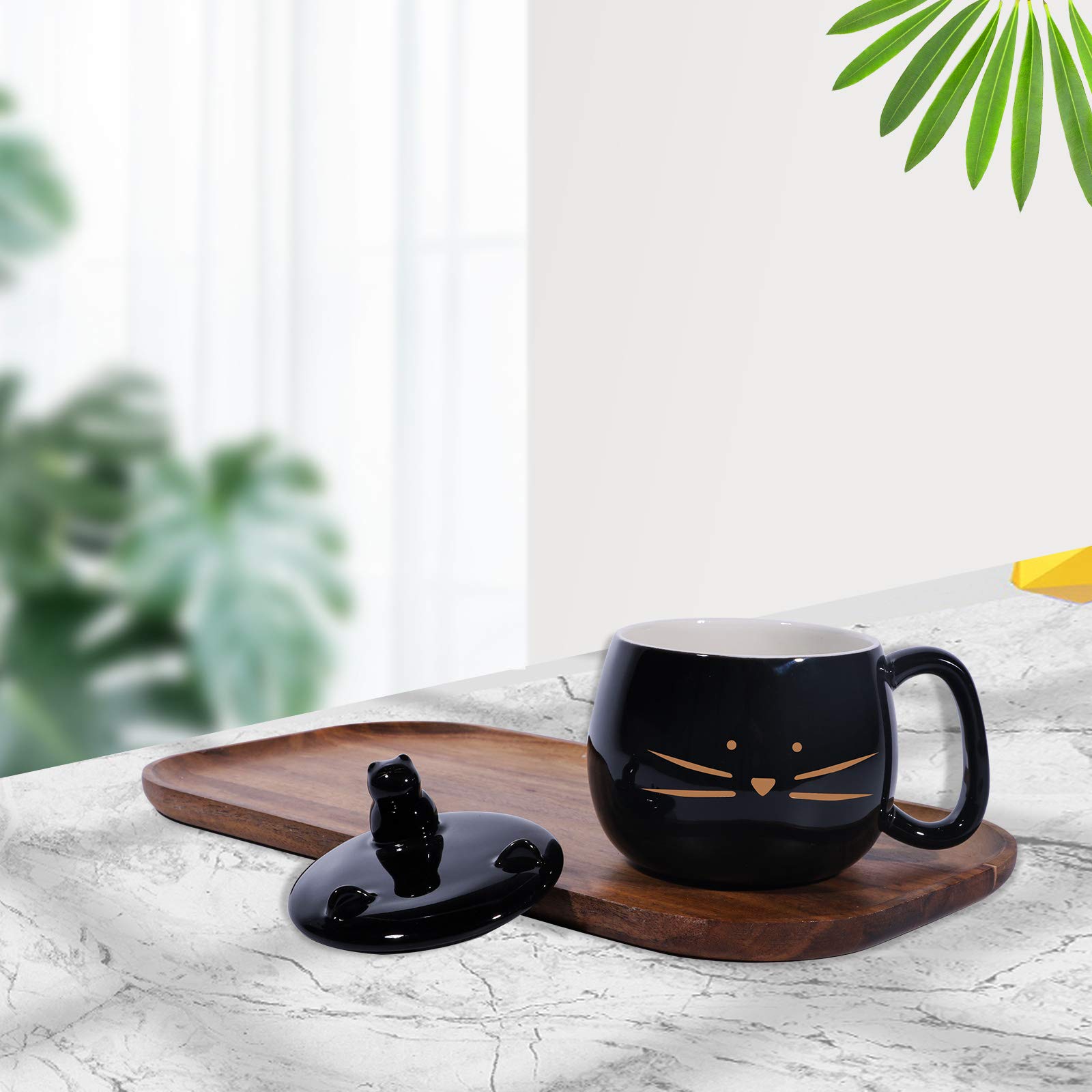 Koolkatkoo Cute Cat Coffee Mug with Cell Phone Holder Lid for Cat Lover Unique Ceramic Tea Mugs with Gold Cat Porcelain Cup Gift for Women Black