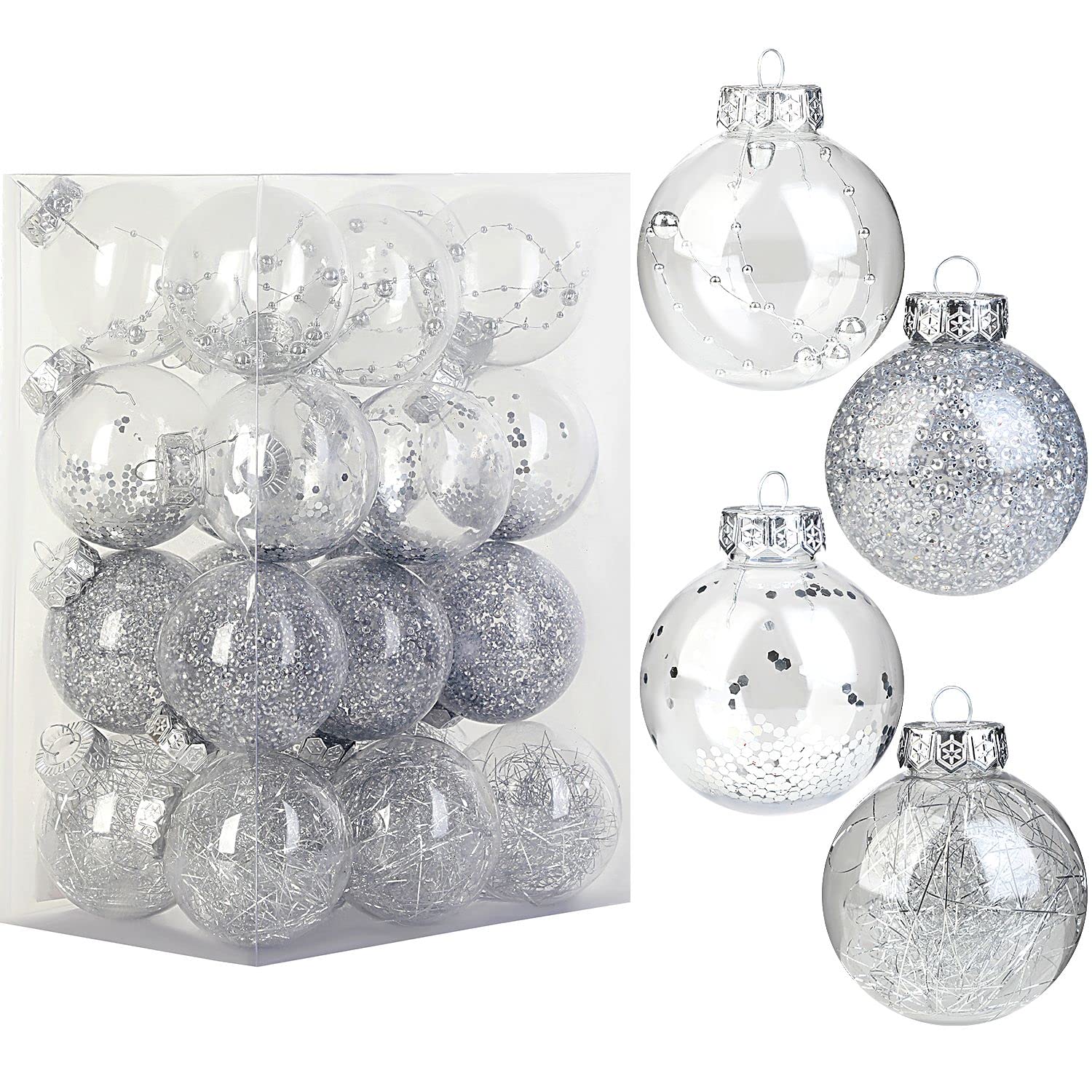 Lanpn Christmas Ornaments Set for Tree Decorations, Shatterproof Unbreakable Clear Plastic Balls Baubles Bulk for Xmas Decor (Silver, 2.8"/24pcs)