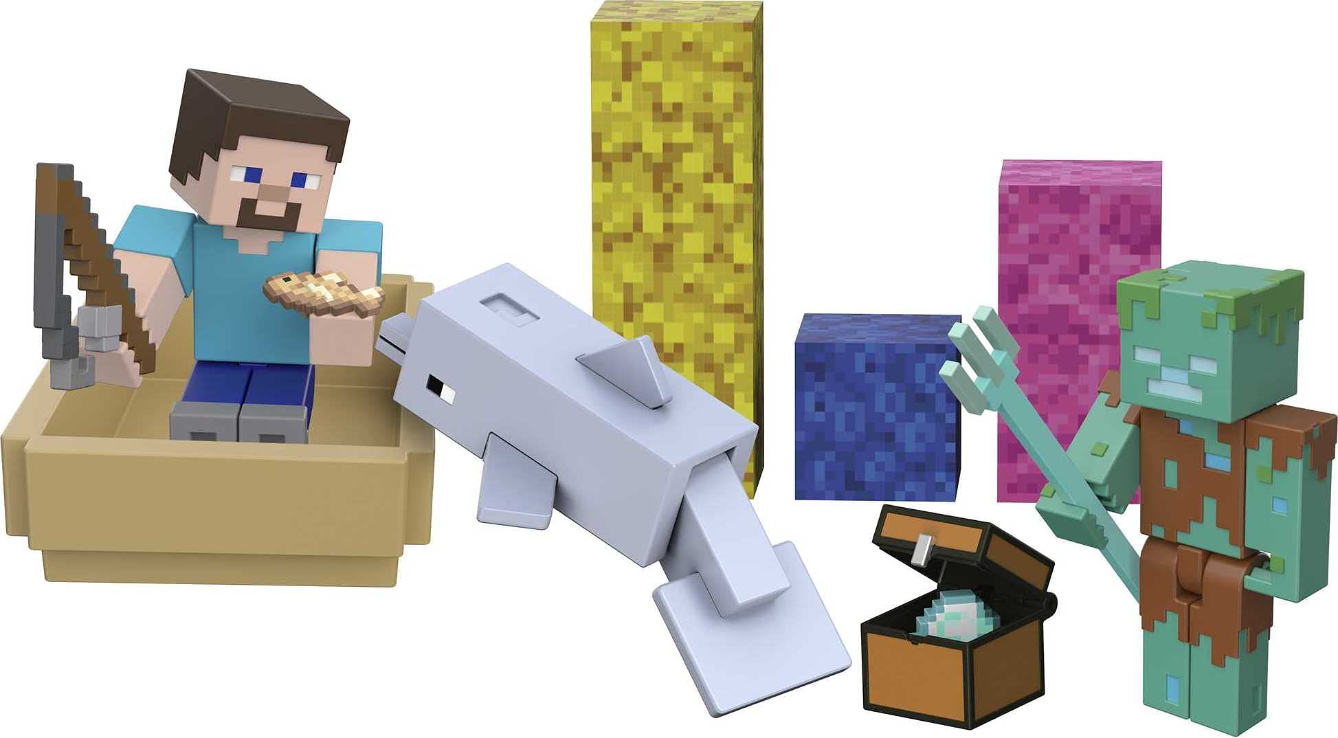 Mattel Minecraft Treasure Hunt Adventure Pack Figures, Accessories and Papercraft Blocks, Complete Play in a Box, Toy for Kids Ages 6 Years and Older