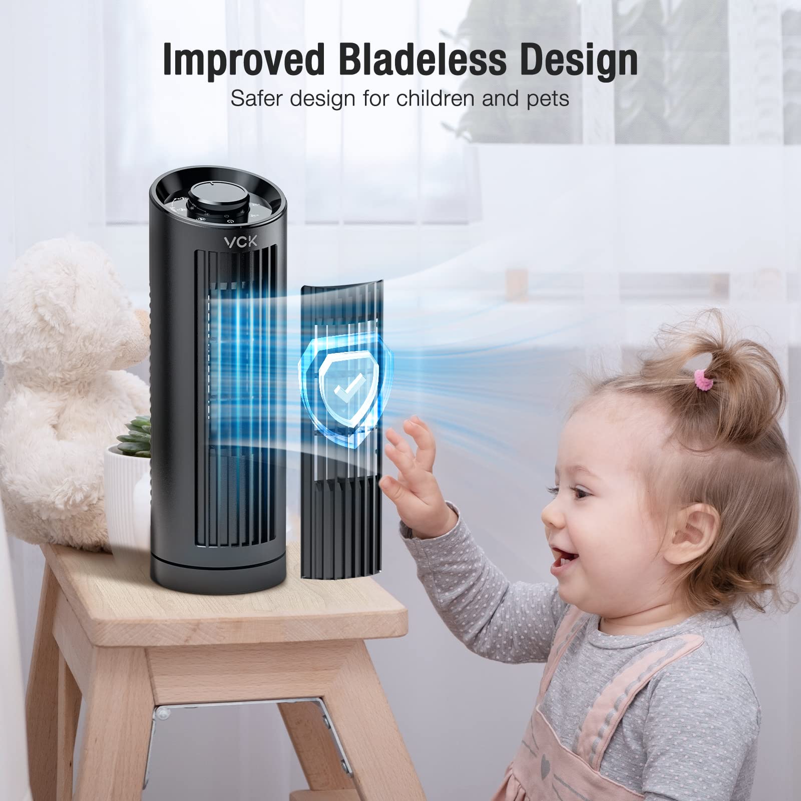 VCK 80° Oscillating Fan, 13'' Tower Fan Bladeless Desk Fan with 3 Speeds, Quiet Operation, Compact & Portable Table Fan for Bedroom Home Office Desktop