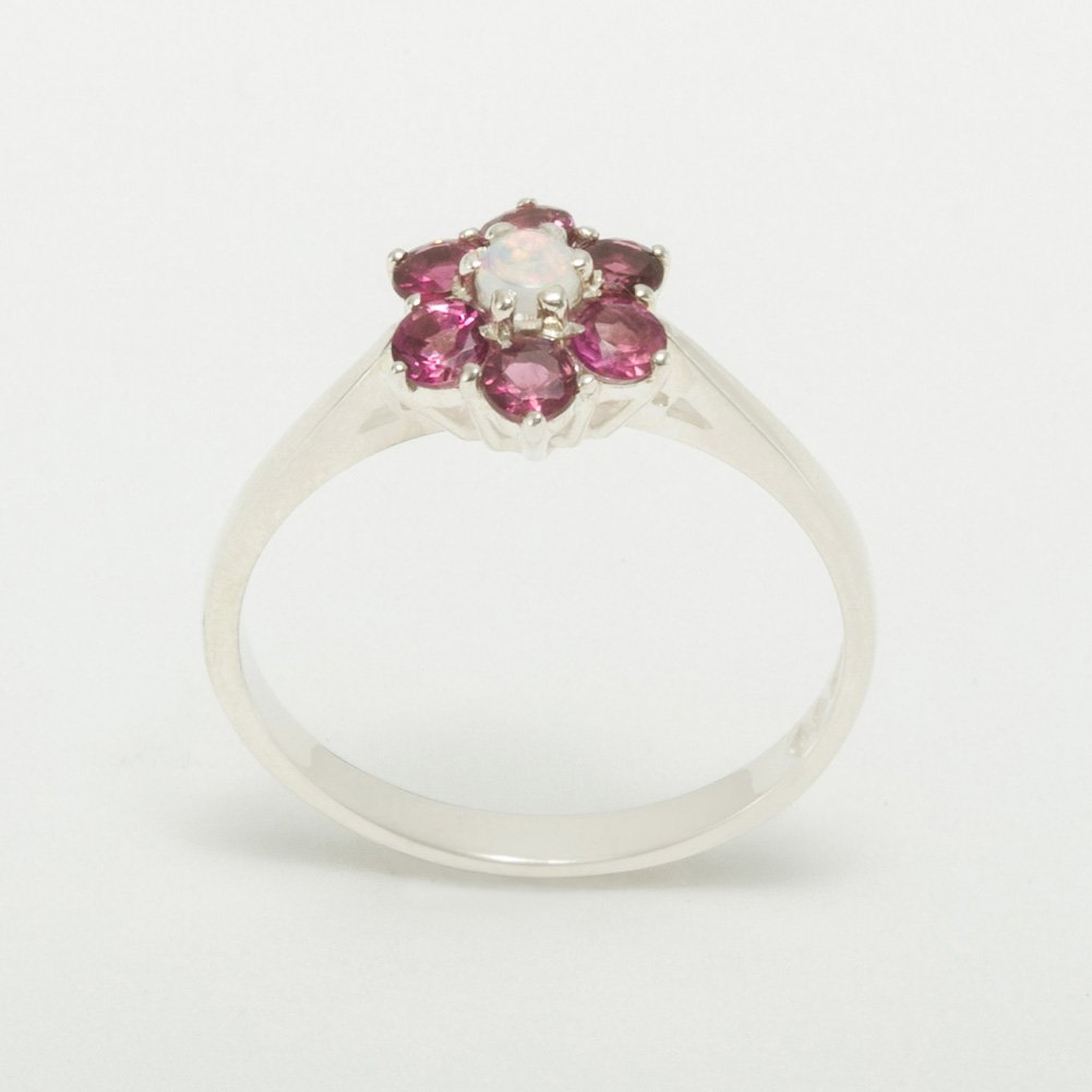 LetsBuyGold 925 Sterling Silver Real Genuine Opal & Pink Tourmaline Womens Cluster Anniversary Ring - Size 8