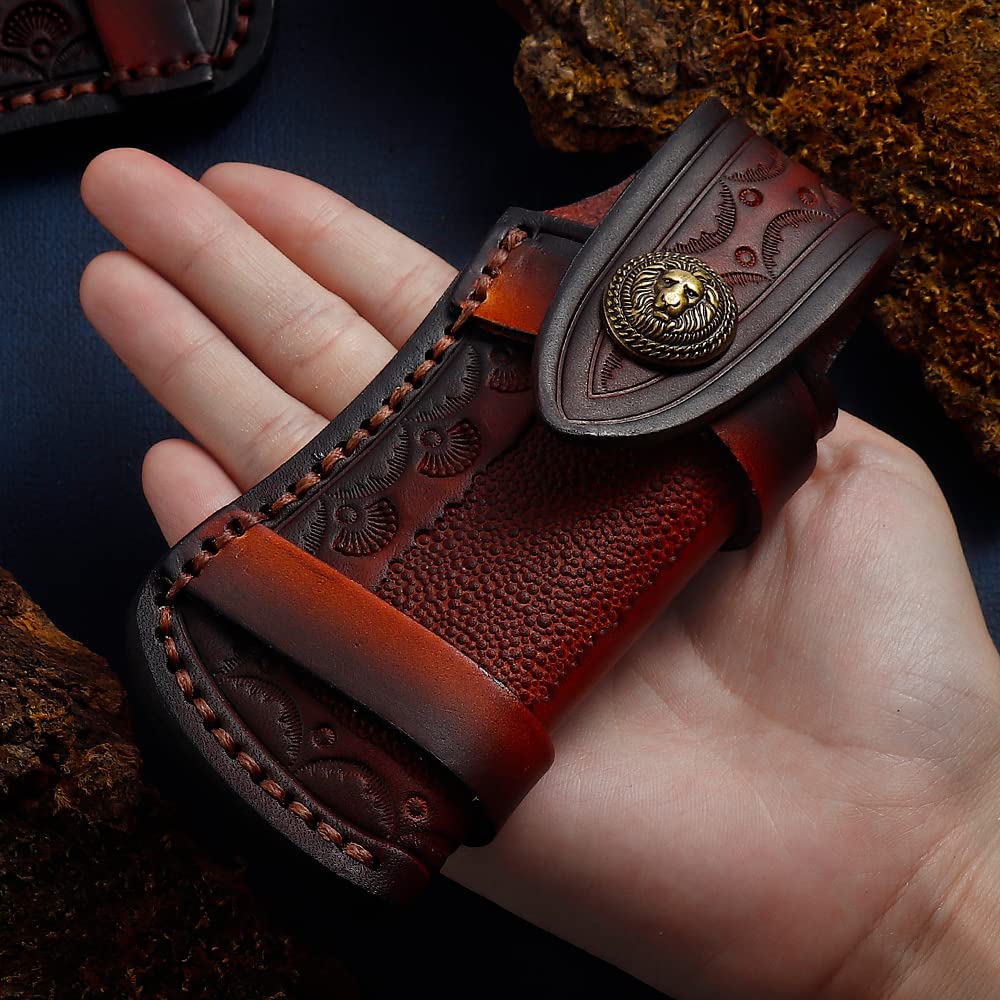 Pocket Knife Sheath,Leather Folding Pouch for 4'' Trapper Knife,Small (Lion head), Brown
