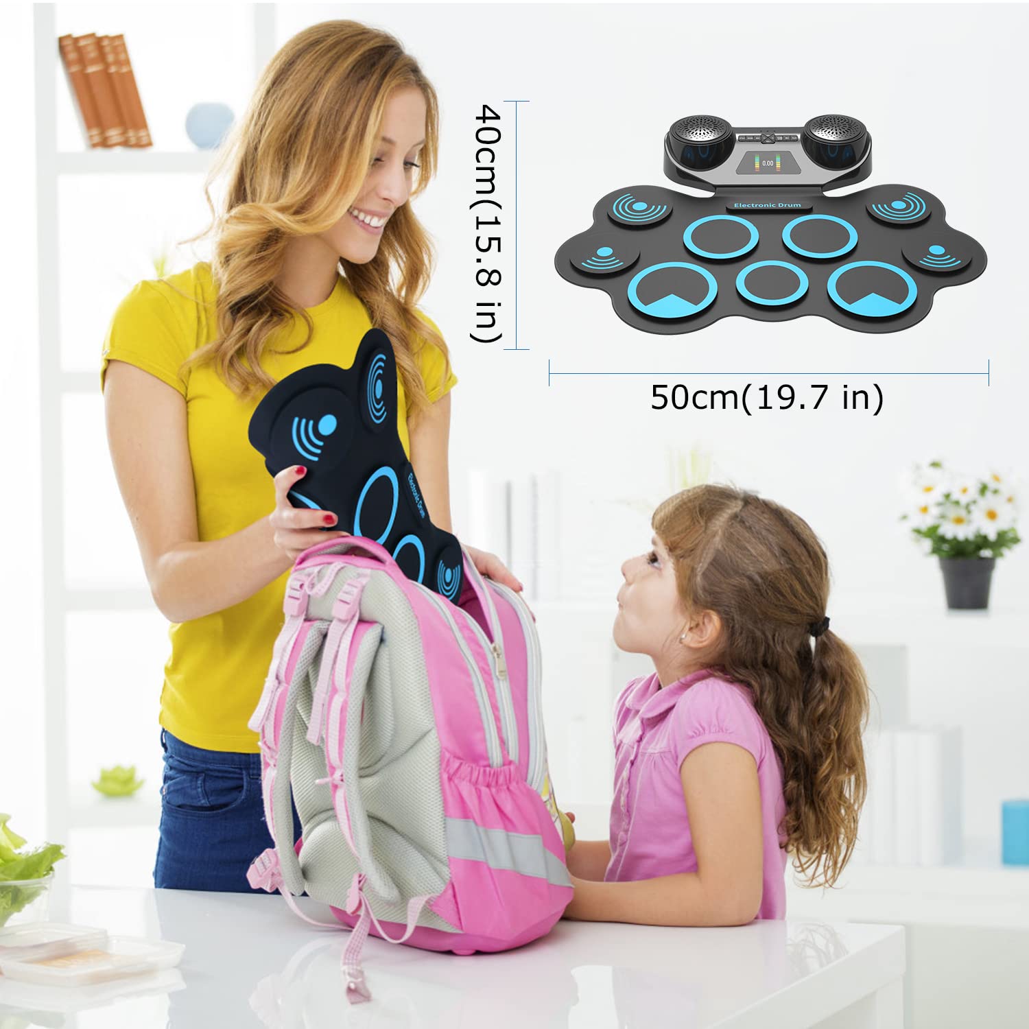 KONIX 9 Pads Electronic Drum Set - Electric Roll Up Drum Practice Pad with LED Screen - Midi Drums Kit Built-in Speaker, MP3 USB Port, Headphone Jack, 8 Demo Songs, Pedals, Sticks, 10 Hours Playtime