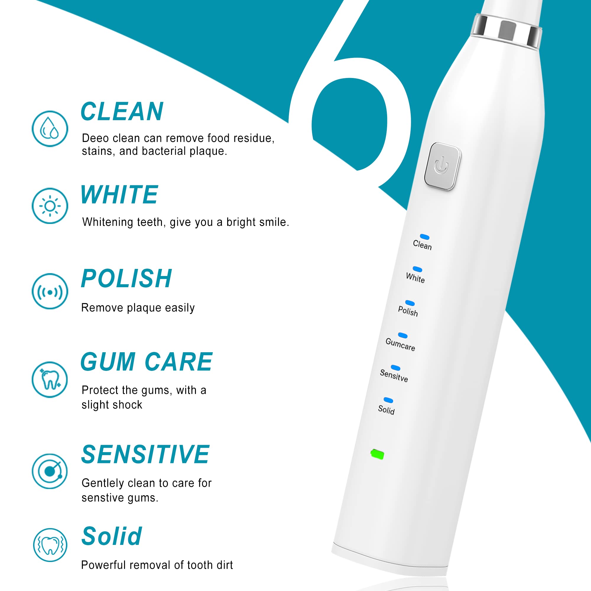 VDTG 2pcs White Electric Toothbrush, Adult Rechargeable Toothbrush, 6 Optional Modes and 2-Minute Built-in Timer, Waterproof Function, USB Fast Charging
