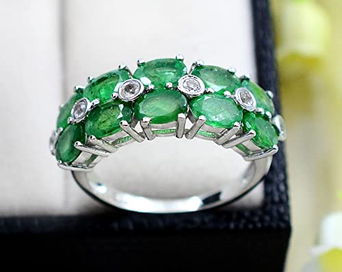 Natural 6X4 MM Zambian Emerald Oval Cut Gemstone 925 Solid Silver May Birthstone Cluster Unisex Ring For Wedding Gift (Yellow Gold Rhodium Plated Silver, 7)