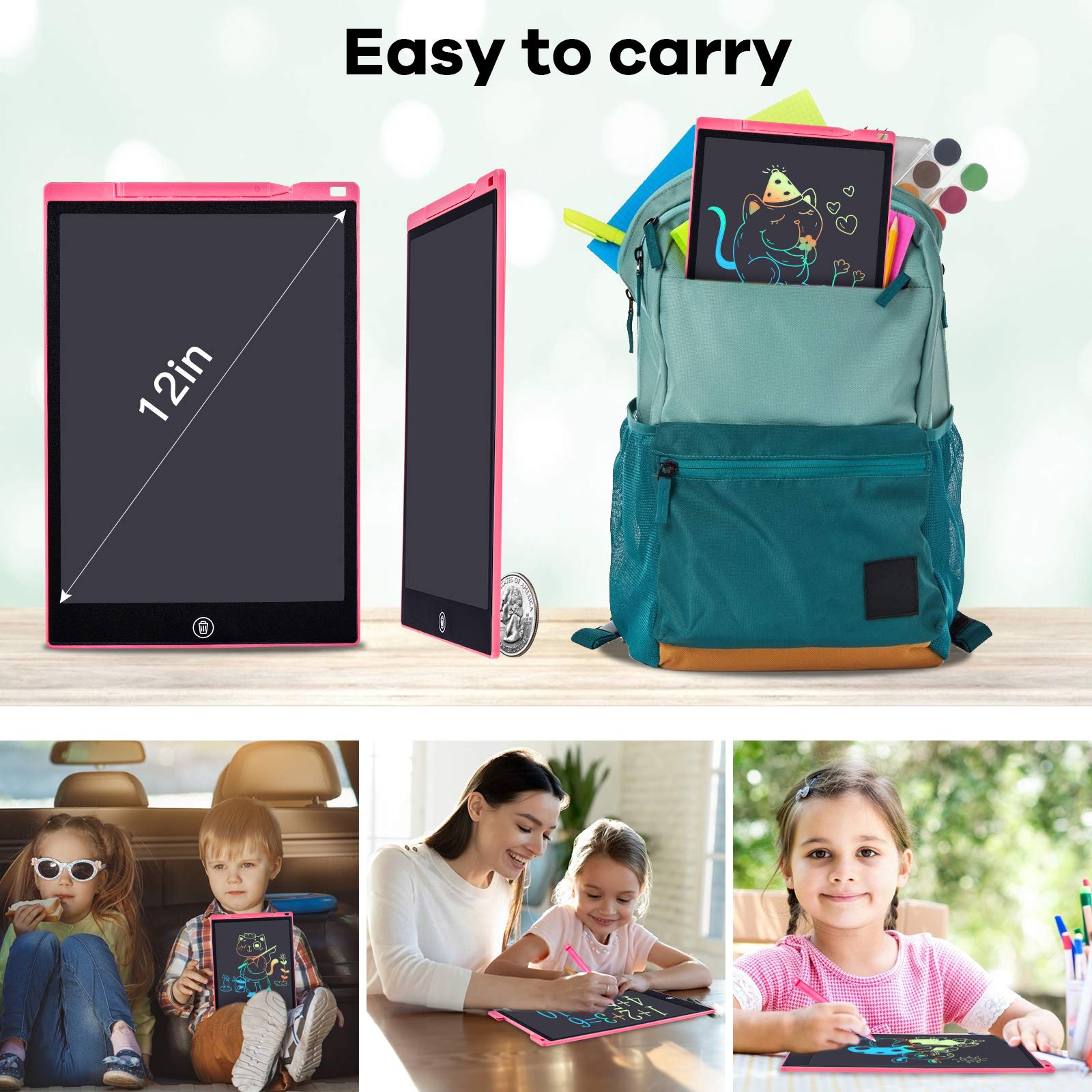 LCD Writing Tablet for Kids, 12 Inch Colorful Doodle Board Toddler Learning Toys, Christmas Birthday Gift for 3 4 5 6 7 8 9 Years Old Girls Boy