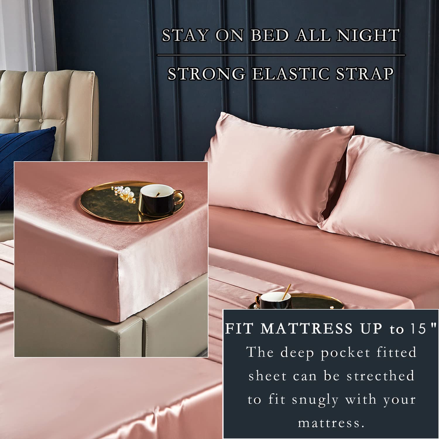 Koreyoshi 4 Pcs Satin Sheets Full - Luxury Silk Silky Super Soft Extra deep Pocket Full Sheet Sets - Wrinkle & Fade Free - Deep Pocket Fitted Sheet, Flat Sheet, Pillow Cases (Pink Champagne, Full)