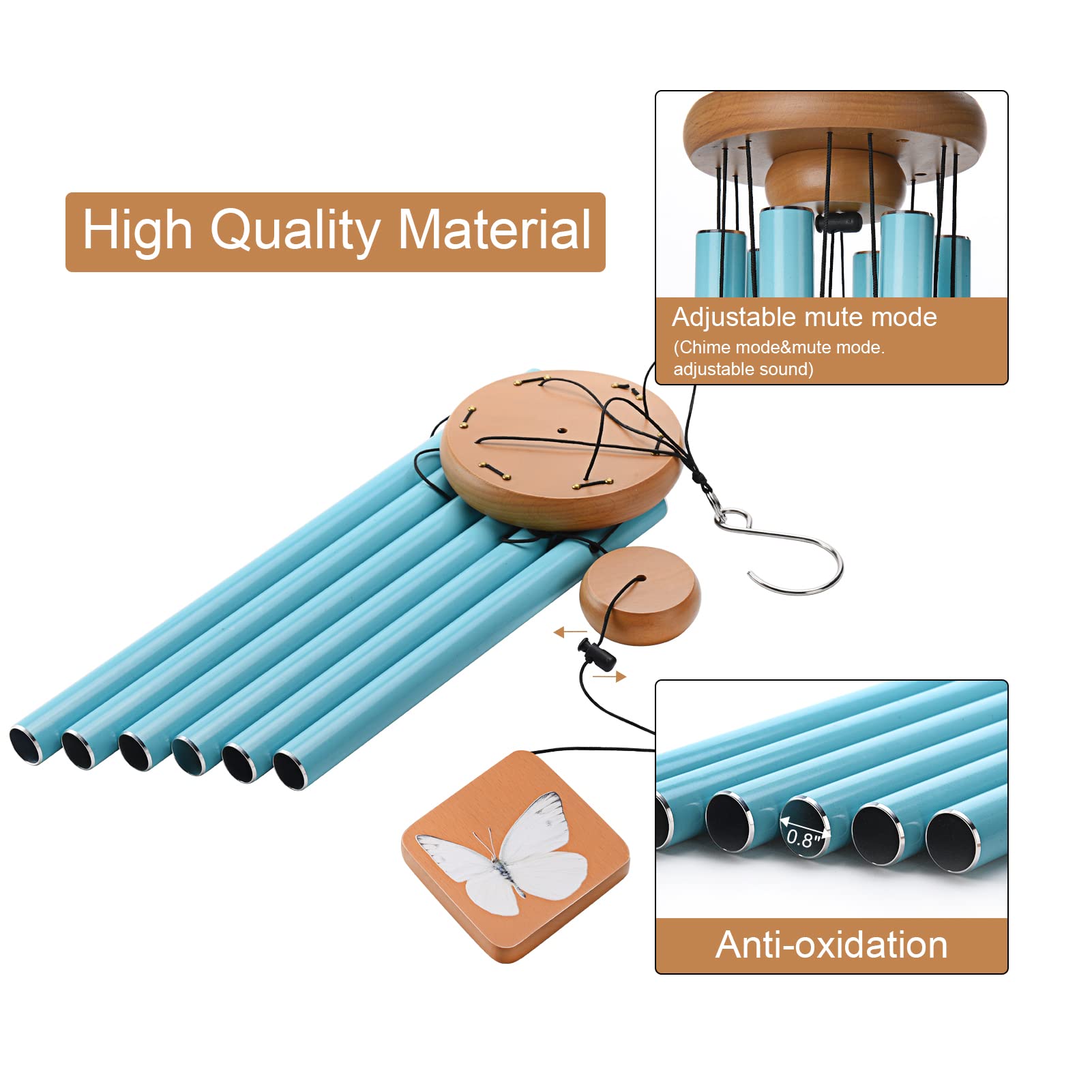 LGEGE Wind Chimes for Outside,White Butterfly Aluminum WindChime with Turquoise Blue Tubes, Unique Creative Outlook, for Father’s Day (32inch)