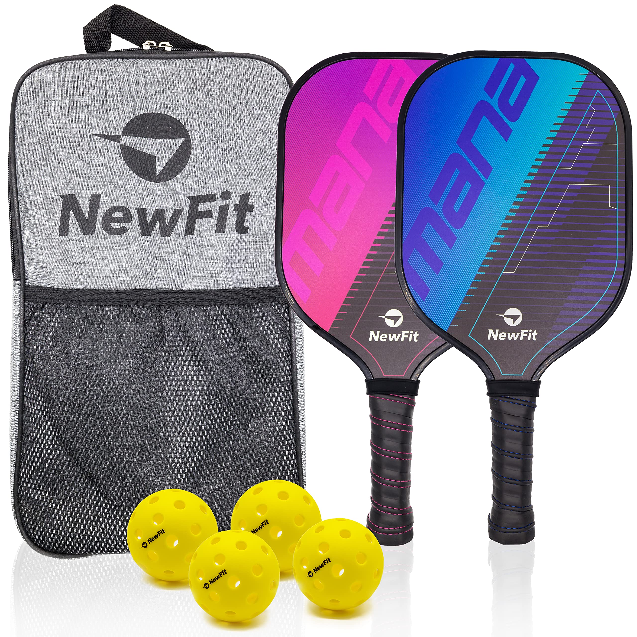 NewFit Mana Pickleball Paddles - Pickleball Paddle Set of 2 with Bag and Four Pickleballs - Graphite Face & Honeycomb Polymer Core for a Quiet and Light Pickleball Racket (Blue-Pink)…