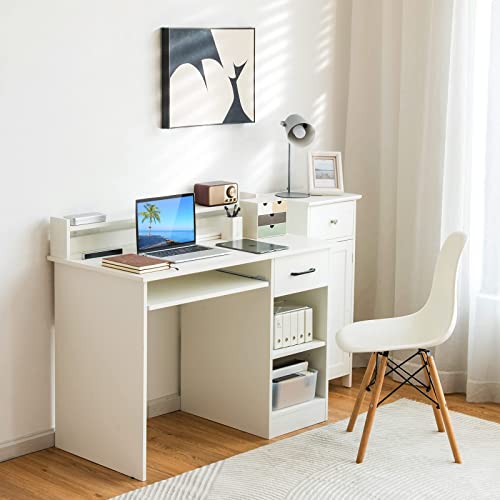 Tangkula White Computer Desk with Drawer & Keyboard Tray, 22 Inch Wide Modern Study Writing Desk with Desktop Hutch & Storage Shelves for Kids, Wood PC Laptop Desk, Desk for Bedroom
