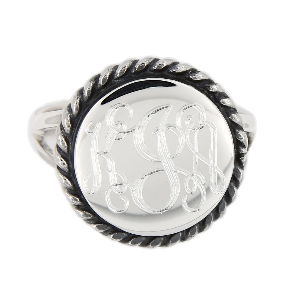 LGU Sterling Silver Polished Personalize Monogram Signet Rope Edge Round Ring with Engraving (8.5)