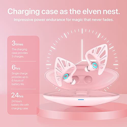 YOWU Elf Ear Headphones, Wireless 5.0 Earphones, 10 Colors RGB Effects with App Control, Dual Microphone Noise Reduction, IPX4 Water Resistant, Elf in-Ear Earbuds with Charging Case, Pink