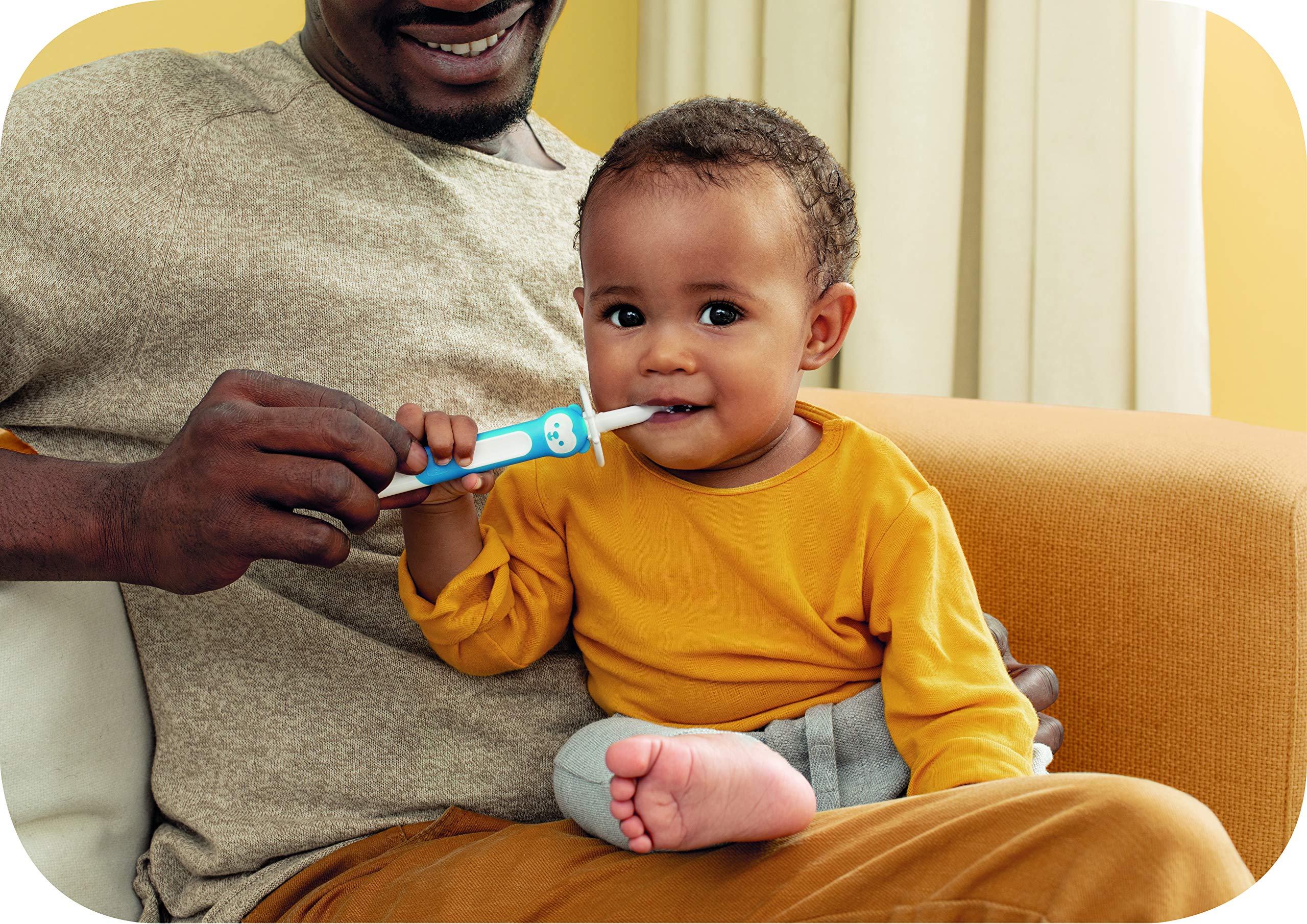 MAM Training Toothbrush for Babies (1 Baby's Brush with Safety Shield), Baby Toothbrush with Brushy The Bear Character, Interactive App, for Boys 5+ Months, Blue