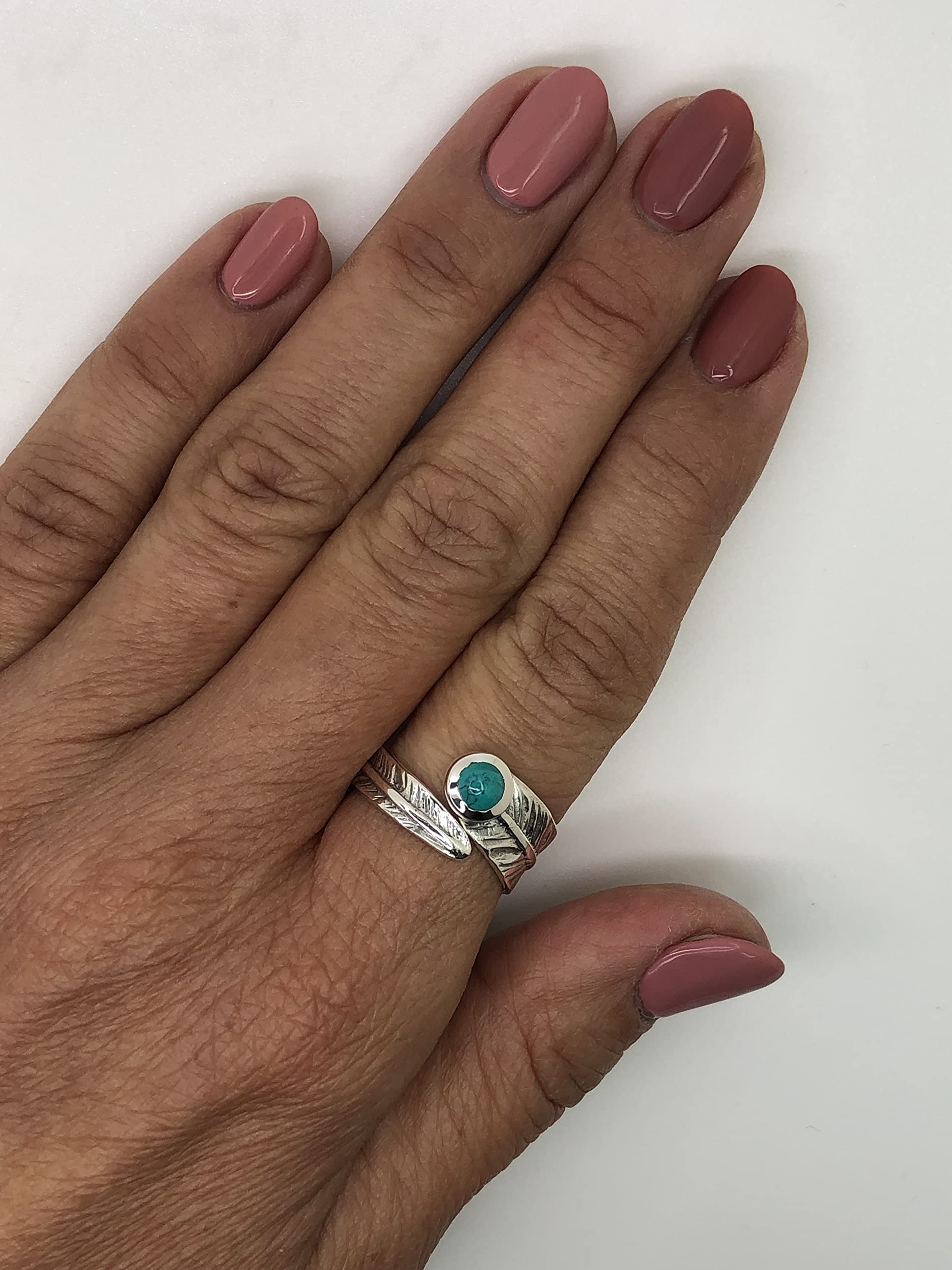 Koral Jewelry Synthetic Turquoise Adjustable Tribal Feather Ring 925 Sterling Silver US Size 6 7 8 9 (9)