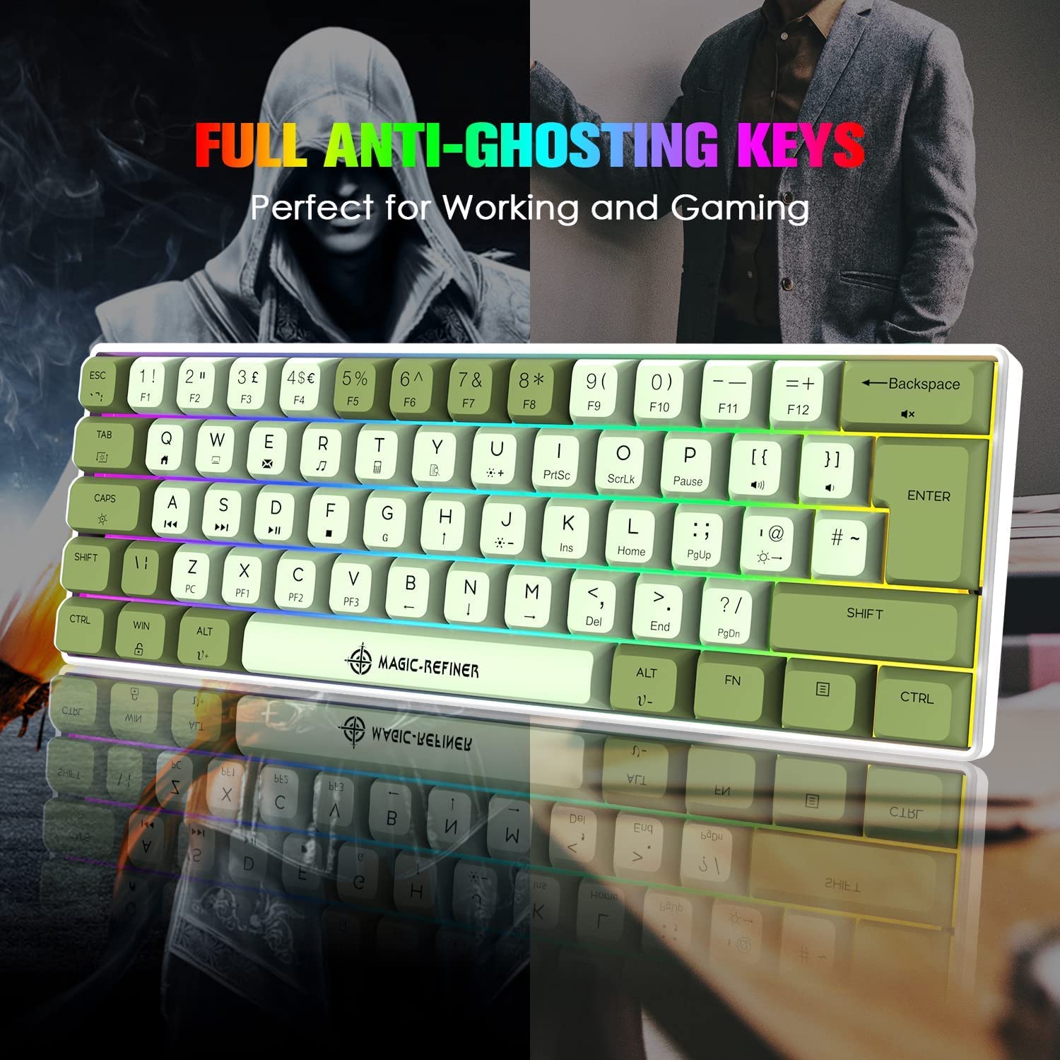 Small Mechanical Gaming Keyboard Type-c Wired with PBT Dye-subbed Keycaps Rainbow RGB Backlit 60% Layout Full Anti-Ghosting 62 Key Ergonomic for Typist Laptop PC Mac Gamer (Green Mix/Red Switch)