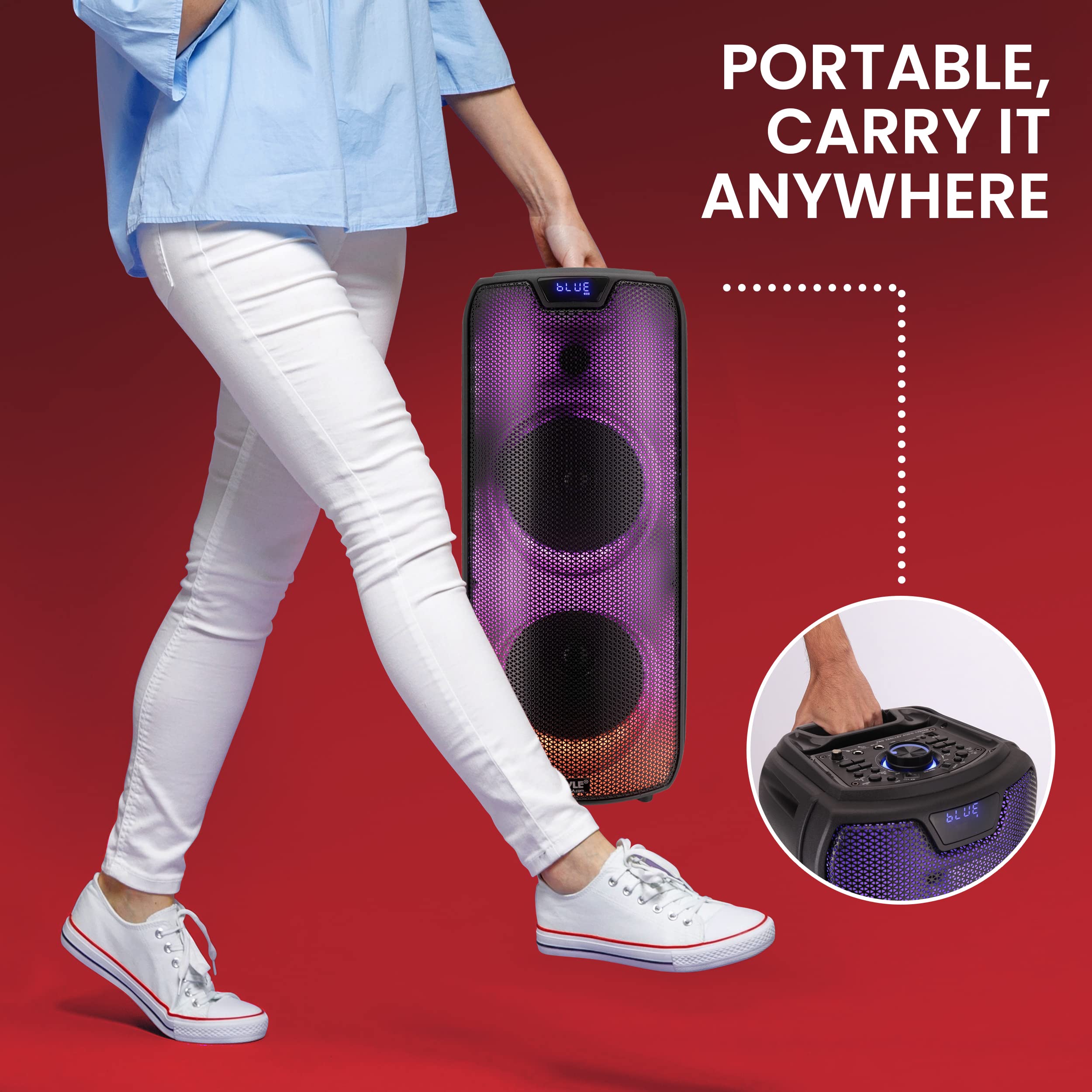 Pyle Bluetooth Portable PA Party Speaker - 600W Dual 8β Rechargeable Indoor/Outdoor BT Karaoke Audio System w/Guitar/Mic Input, TWS, X-Bass Function, Flashing Party Flame Lights, MP3/USB/AUX/FM