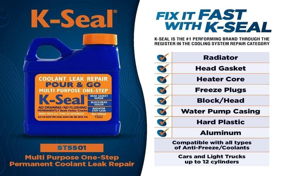 K-Seal ST5501 Multi-Purpose One Step Permanent Coolant Leak Repair, 8oz, Pour and Go, Mixes with All Antifreeze, No Flushing Required