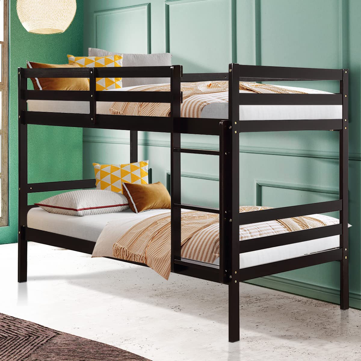 KOTEK Twin Bunk Bed, Solid Wood Twin Over Twin Bunk Bed Frame for Kids Teens, Children Bunk Beds with Ladder & High Guardrails (White)