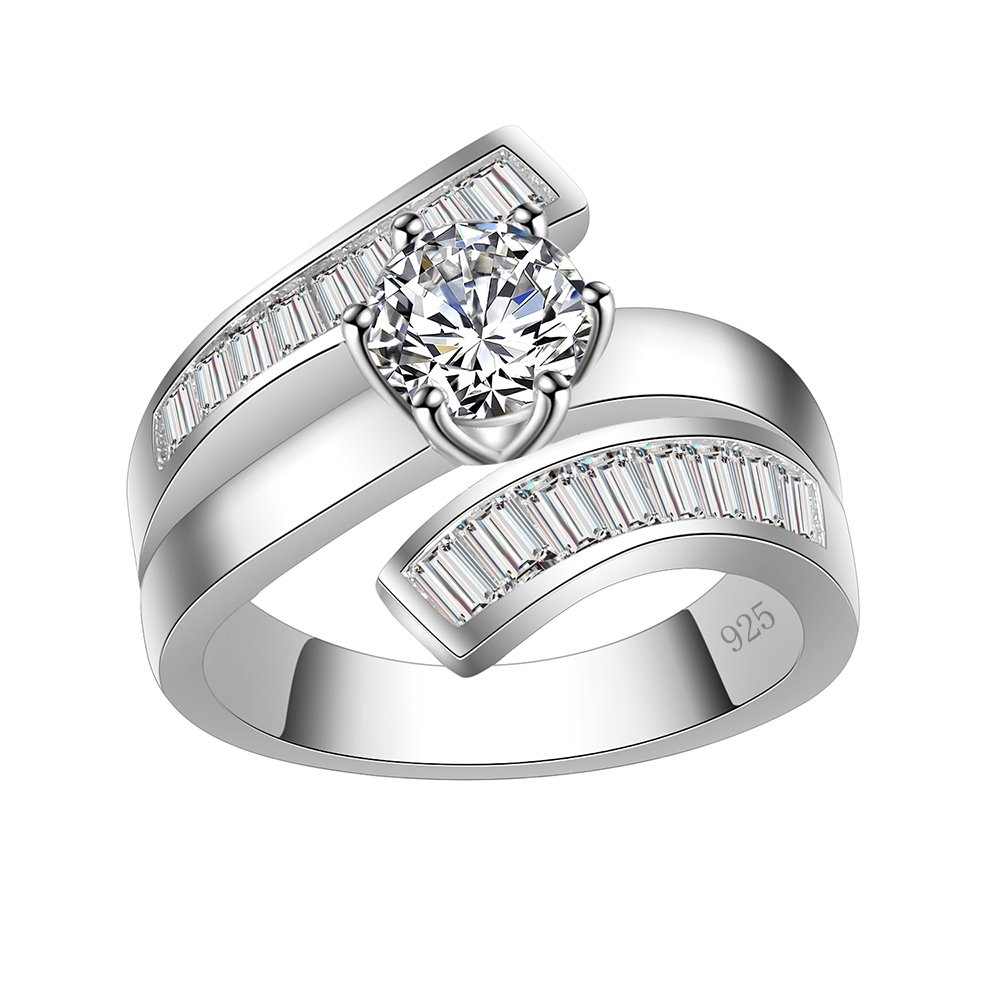 Lavencious Luxury Clear Baguette-cut CZ Statement Ring Band 925 Sterling Silver for Wedding (Silver, 7)
