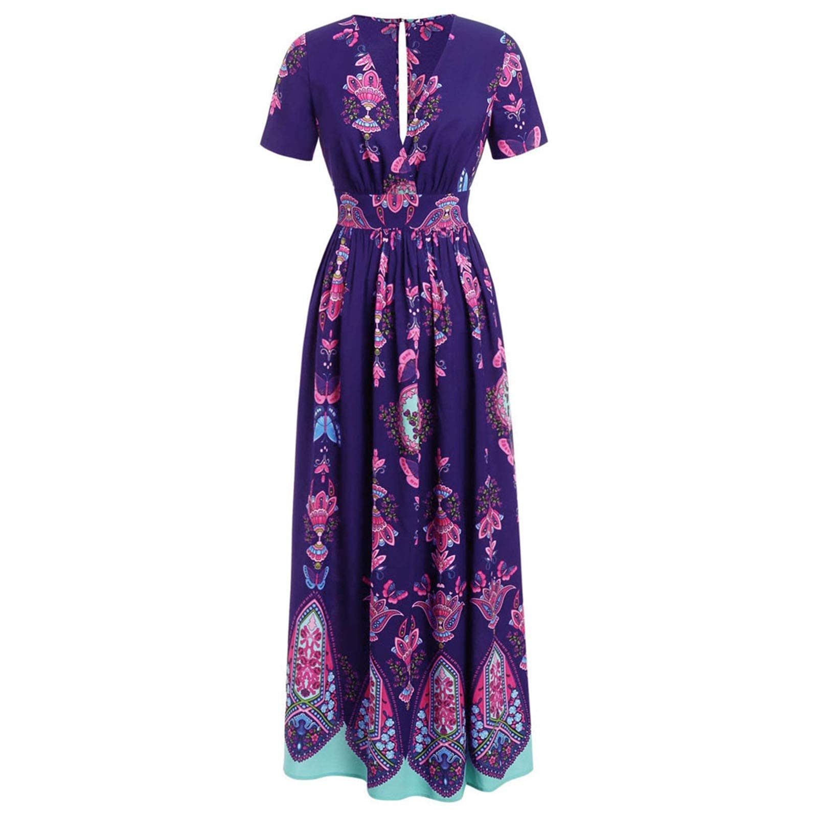 Plus Size Flowy Long Dress for Women Plunging V Neck Short Sleeve Swing Dress Butterfly Printed Split Dress