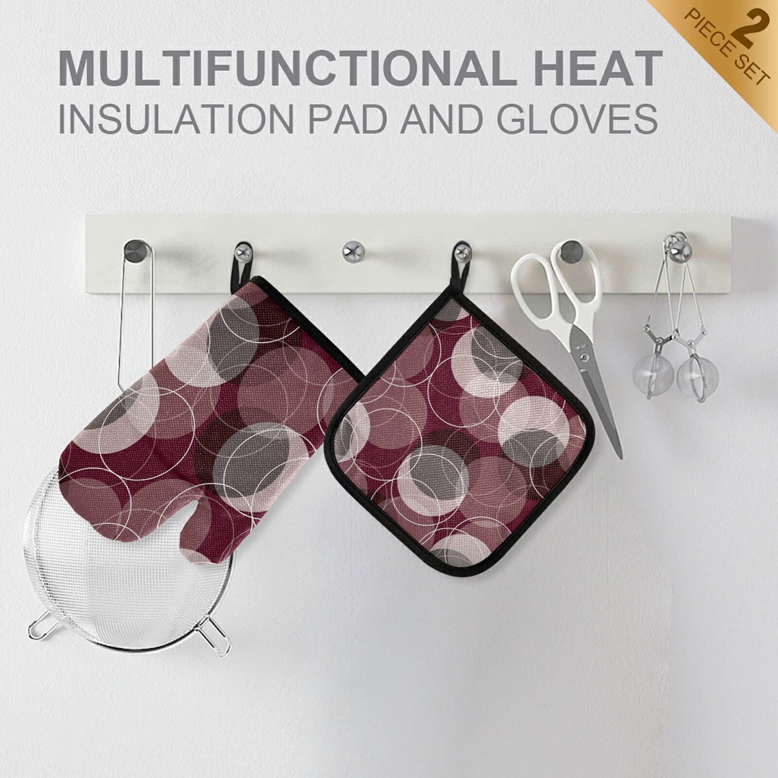 Poeticcity Retro Rings Maroon Grey Fuchsia Circles Oven Mitts Pot Holders Sets, Potholder Hot Pads Heat Resistant Kitchen Oven Gloves for Cooking Baking Grilling Barbecue
