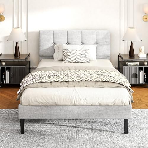 viplov Twin Size Platform Bed Frame with Upholstered Headboard, Mattress Foundation with Wooden Slats Support, Easy Assembly, Noise Free, No Box Spring Needed, Light Grey