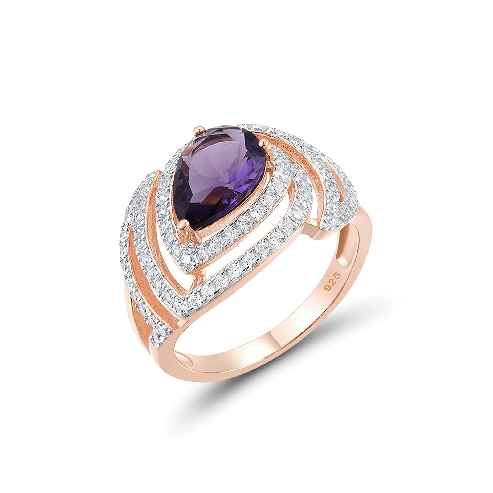 Santuzza 925 Sterling Silver Pear Shape Purple Glass Ring Cubic Zirconia 14K Rose Gold Plated Ring for Women (10)