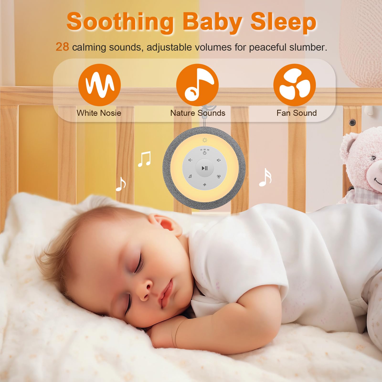 White Noise Machine, Sleep Sound Machine with Baby Night Light, 26 Soothing Sounds and 32 Adjustable Volume, Timer and Memory Function, Sound Machine for Baby, Adults, Home, Office, Travel